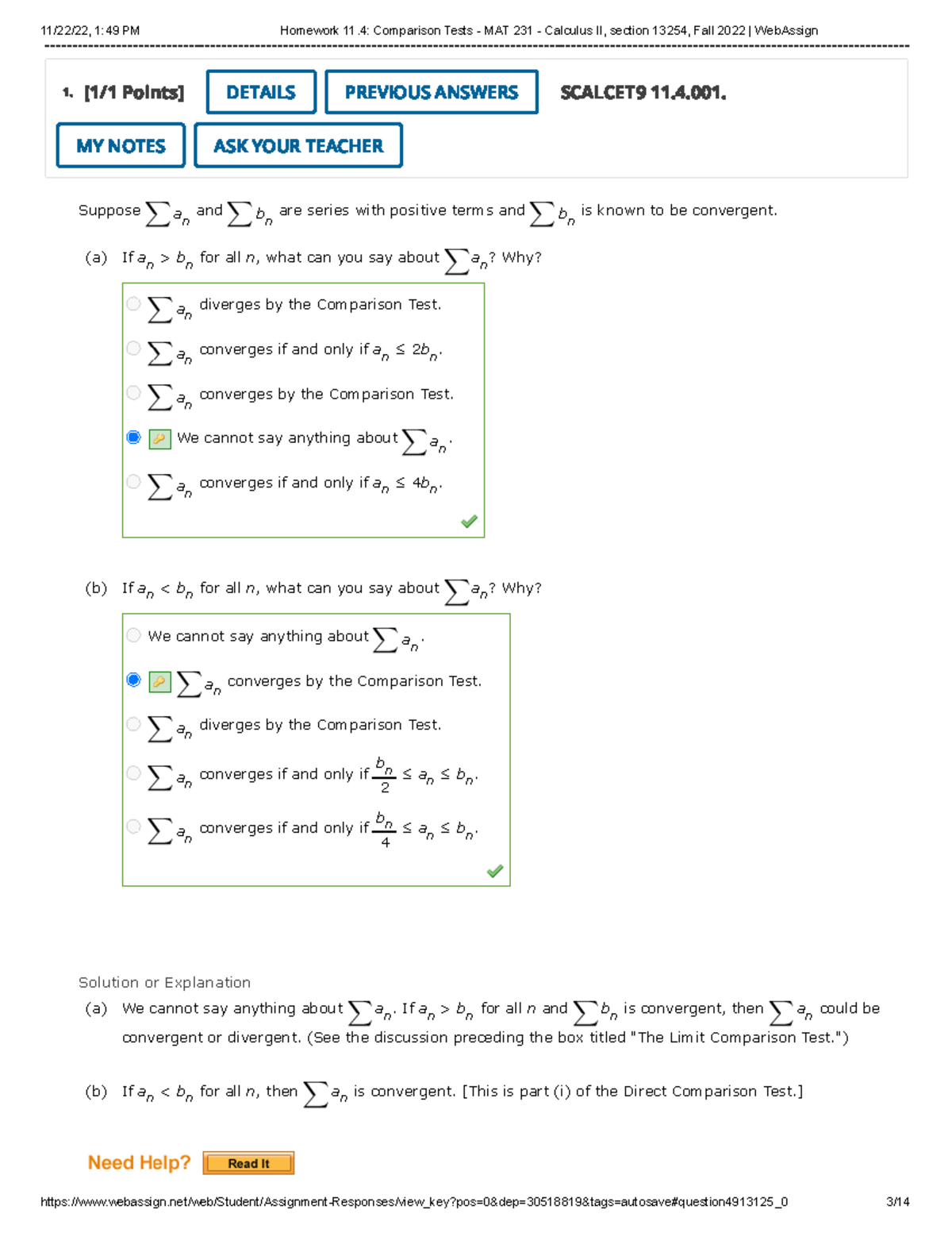 Homework 11.4 Comparison Tests - MAT 231 - Calculus II, section 13254 ...