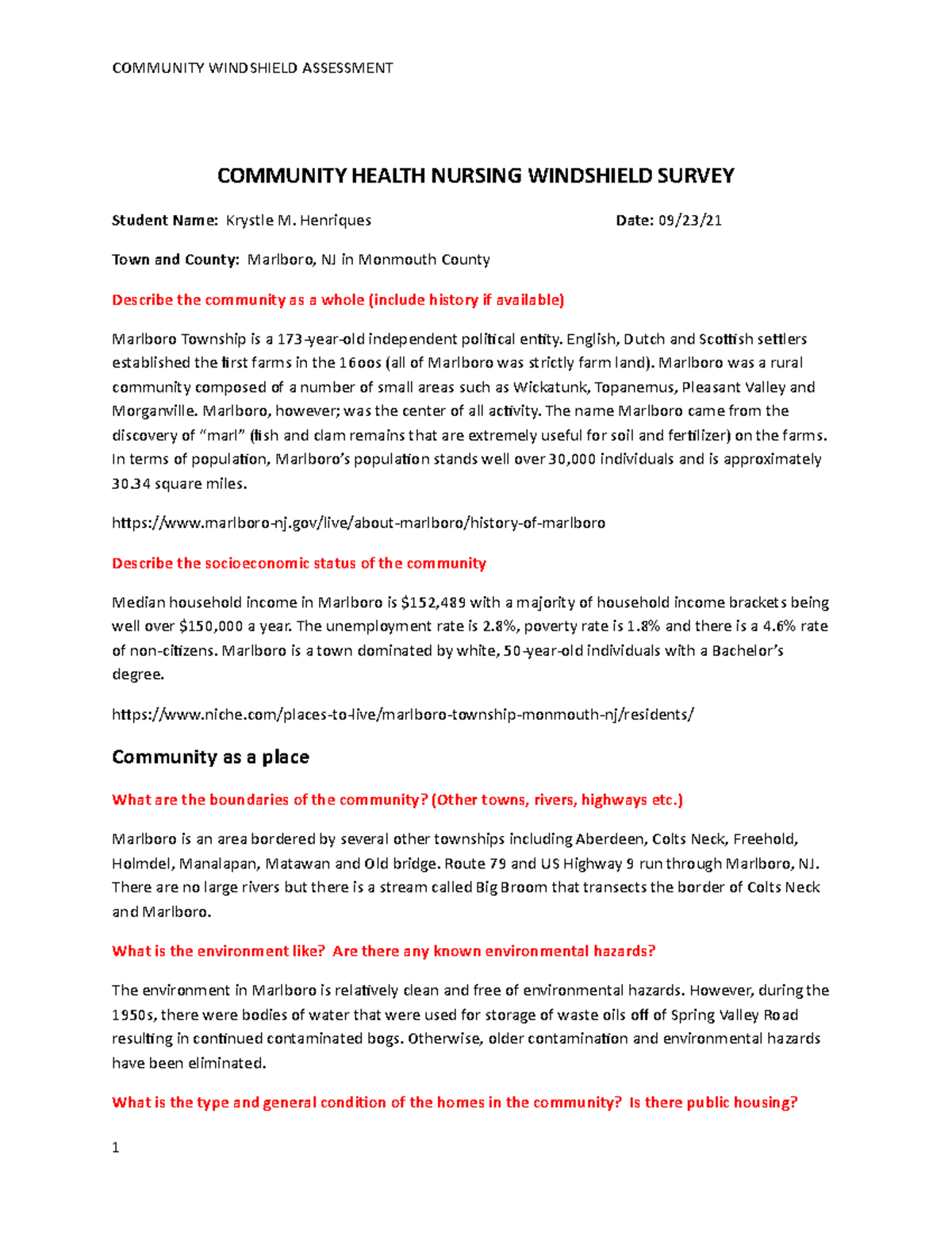 Community Health Nursing Windshield Survey - COMMUNITY HEALTH NURSING ...