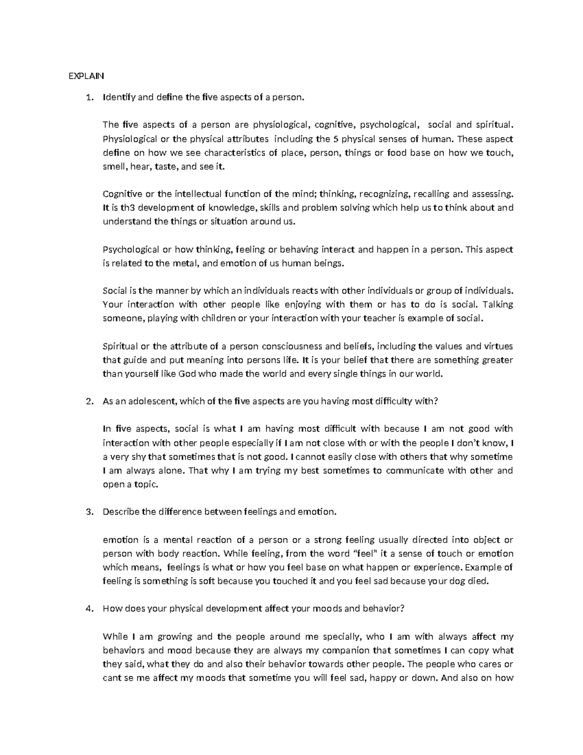Written Works in Per Dev - EXPLAIN Identify and define the five aspects ...