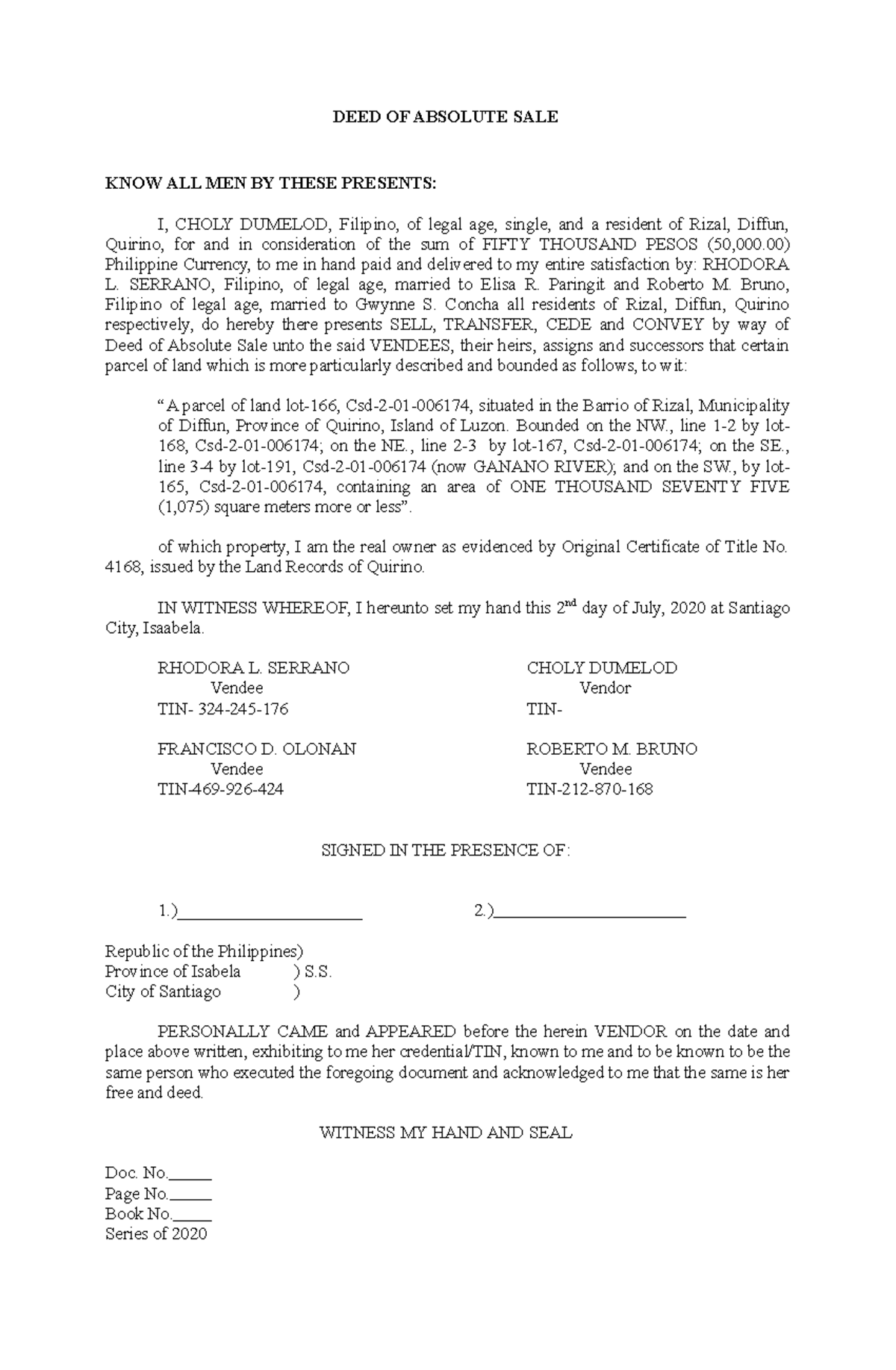 DEED OF Absolute SALE - Sample Only - DEED OF ABSOLUTE SALE KNOW ALL MEN BY THESE PRESENTS: I ...