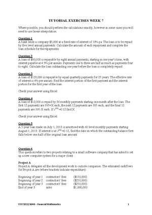 Week 11 - Tutorial Questions - STAT2032/6046 – Financial Mathematics 1 TUTORIAL EXERCISES WEEK ...