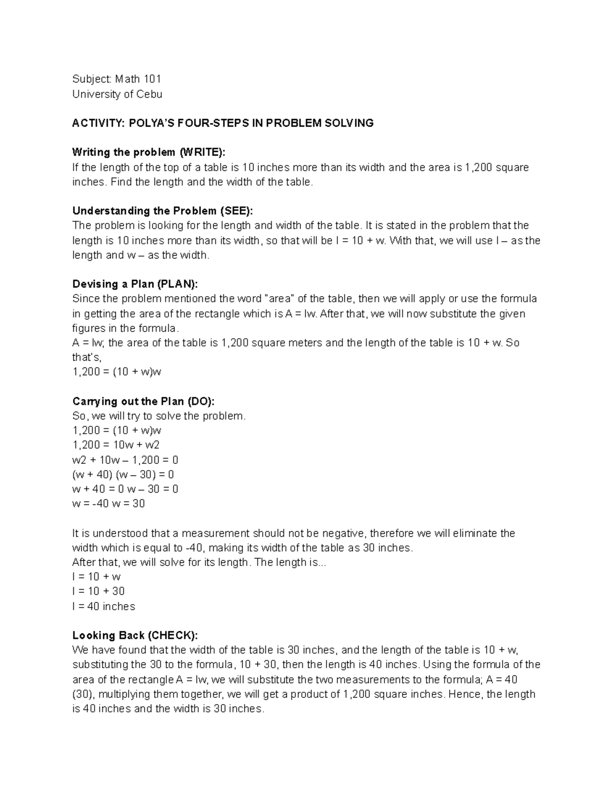 Polya'S FOUR- Steps IN Problem Solving Math Activity - Subject: Math ...