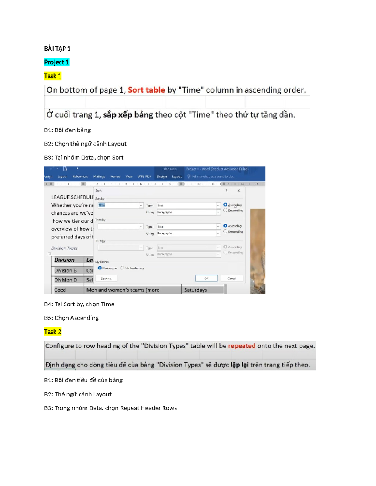 [MOS][Word] BT1 - BÀI TẬP 1 Project 1 Task 1 B1: Bôi đen bảng B2: Chọn thẻ ngữ cảnh Layout B3 ...