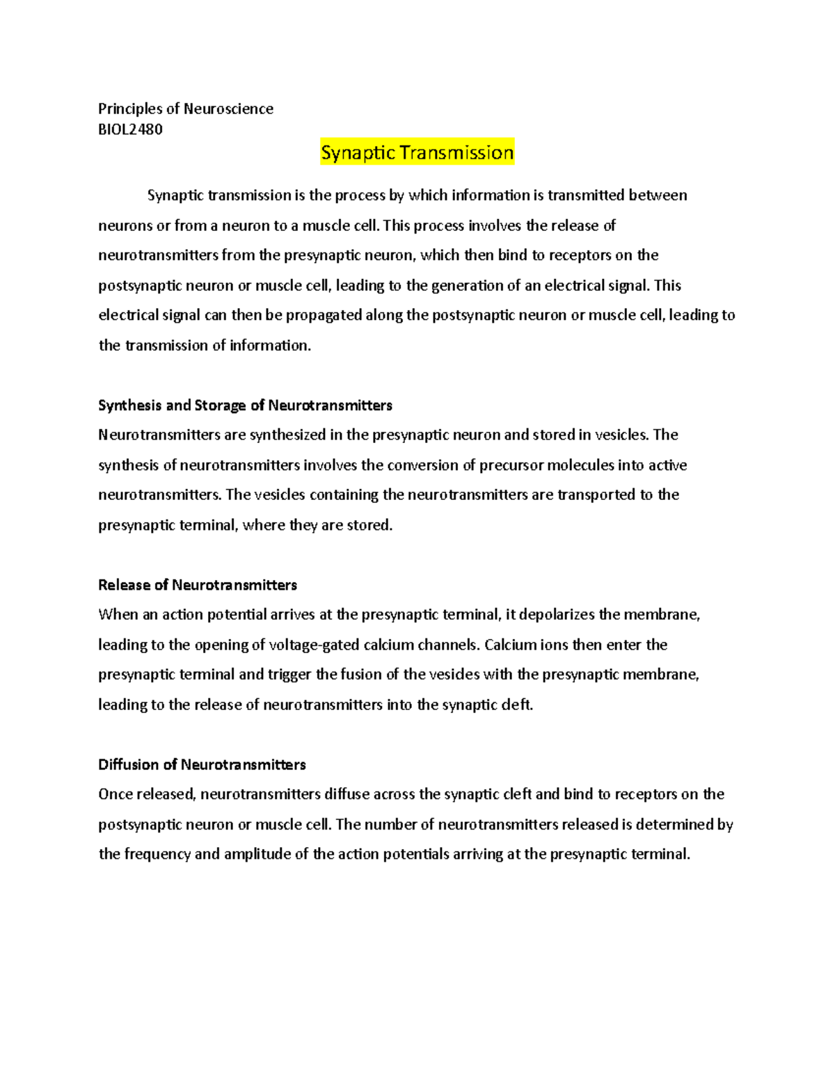 Principles of Neuroscience Synaptic Transmission - Principles of ...