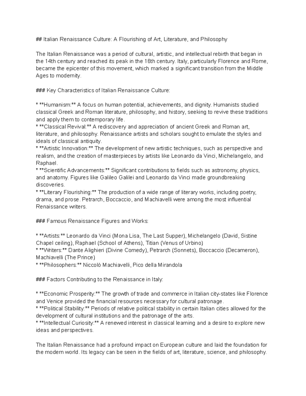 Italian Renaissance - Notes - Italian Renaissance Culture: A ...