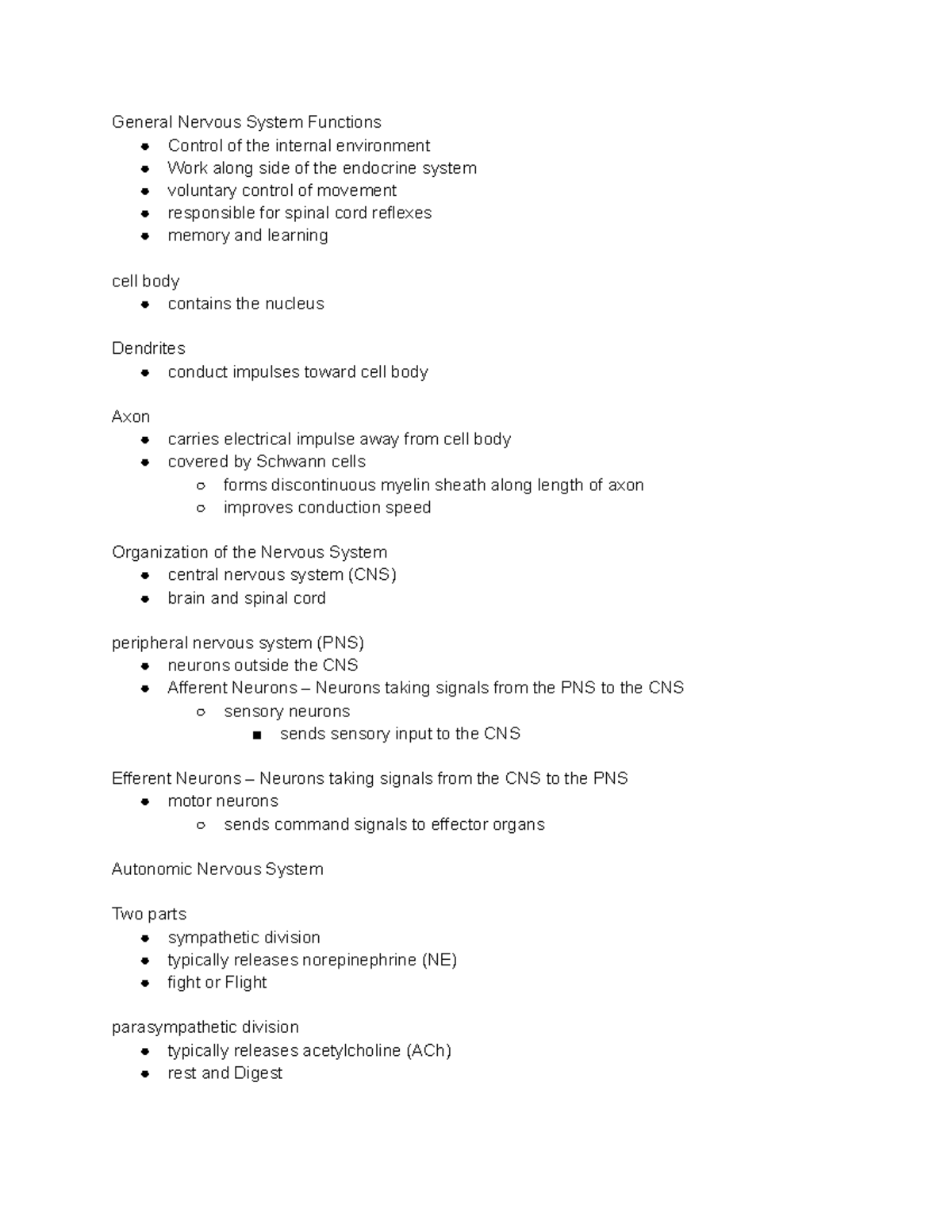 Nerves System Notes - General Nervous System Functions Control of the ...