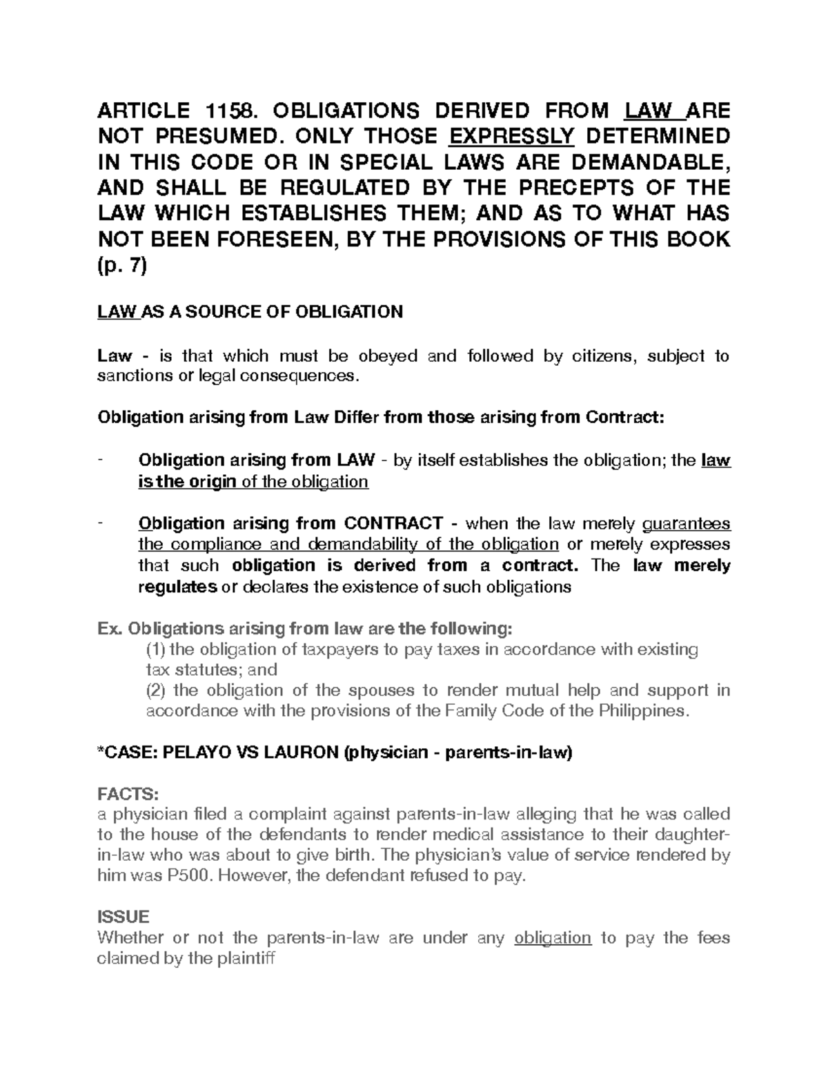OC D3 Source of Obligation - ARTICLE 1158. OBLIGATIONS DERIVED FROM LAW ...