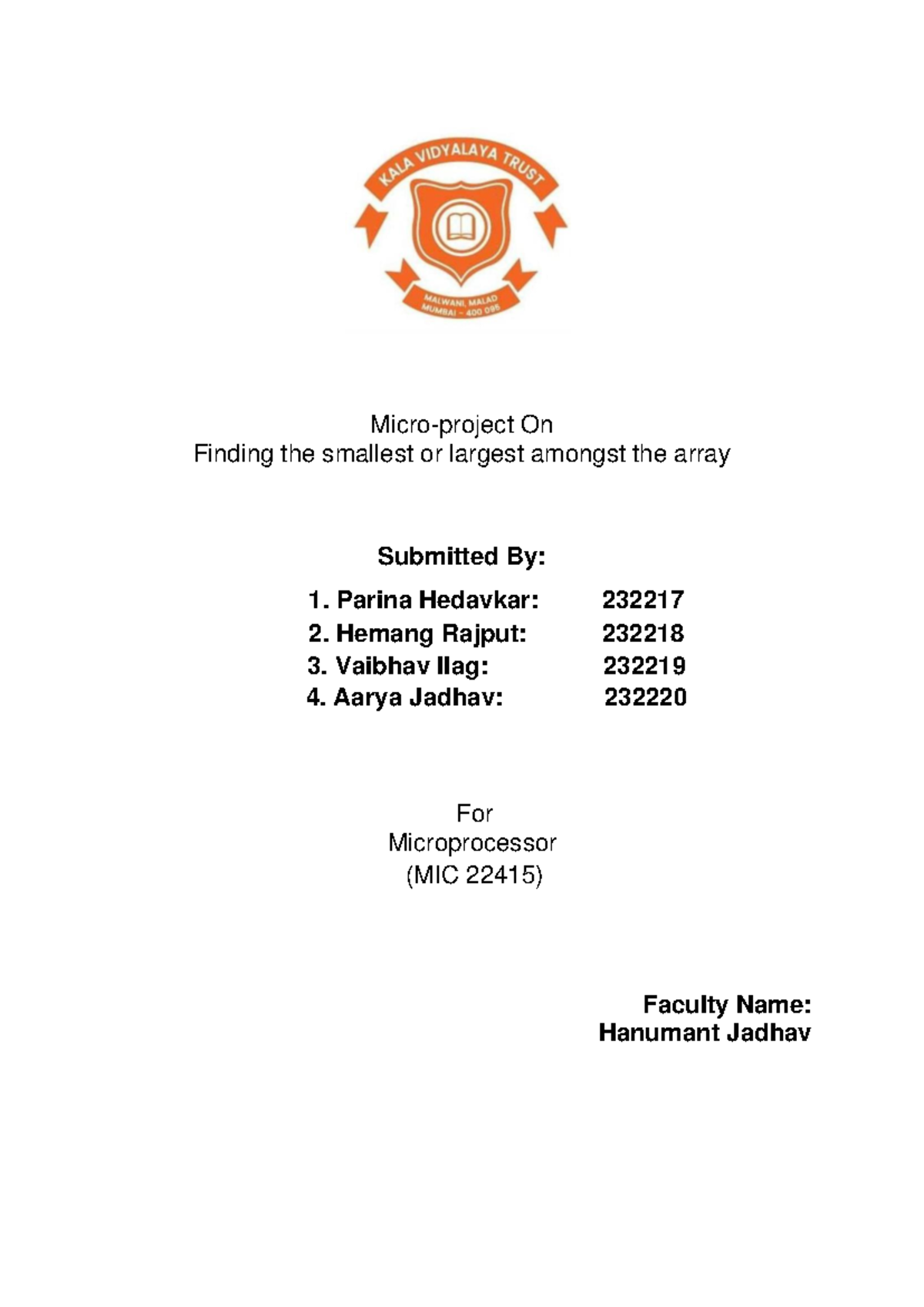 Final mic - Micro-project On Finding the smallest or largest amongst the array Submitted By: 1 ...