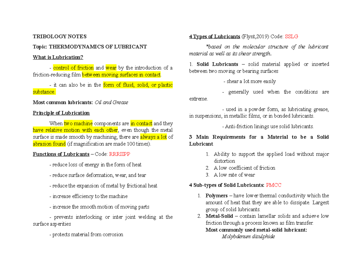 Tribology - All About Lubricant (Notes) - TRIBOLOGY NOTES Topic ...