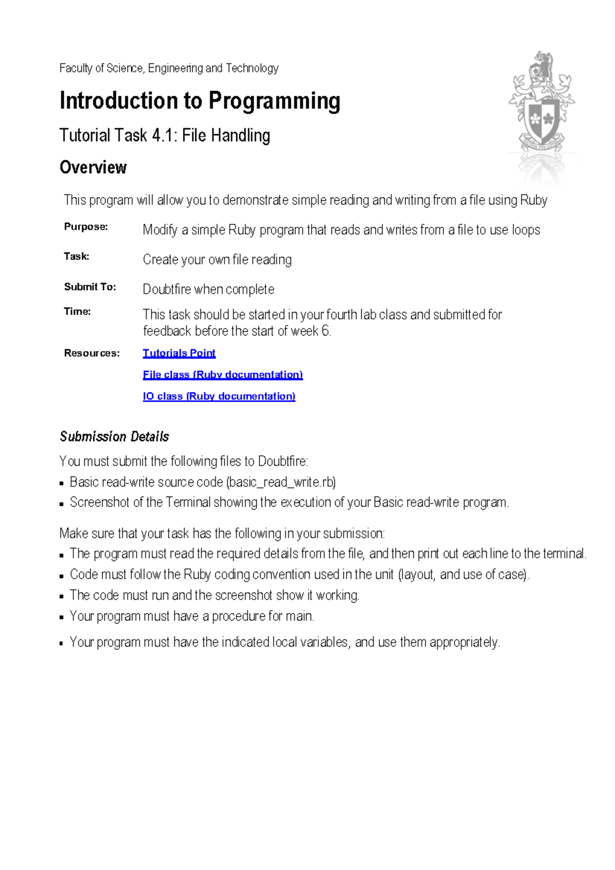 4.1T - EDFERFGWER - Faculty of Science, Engineering and Technology Introduction to Programming ...