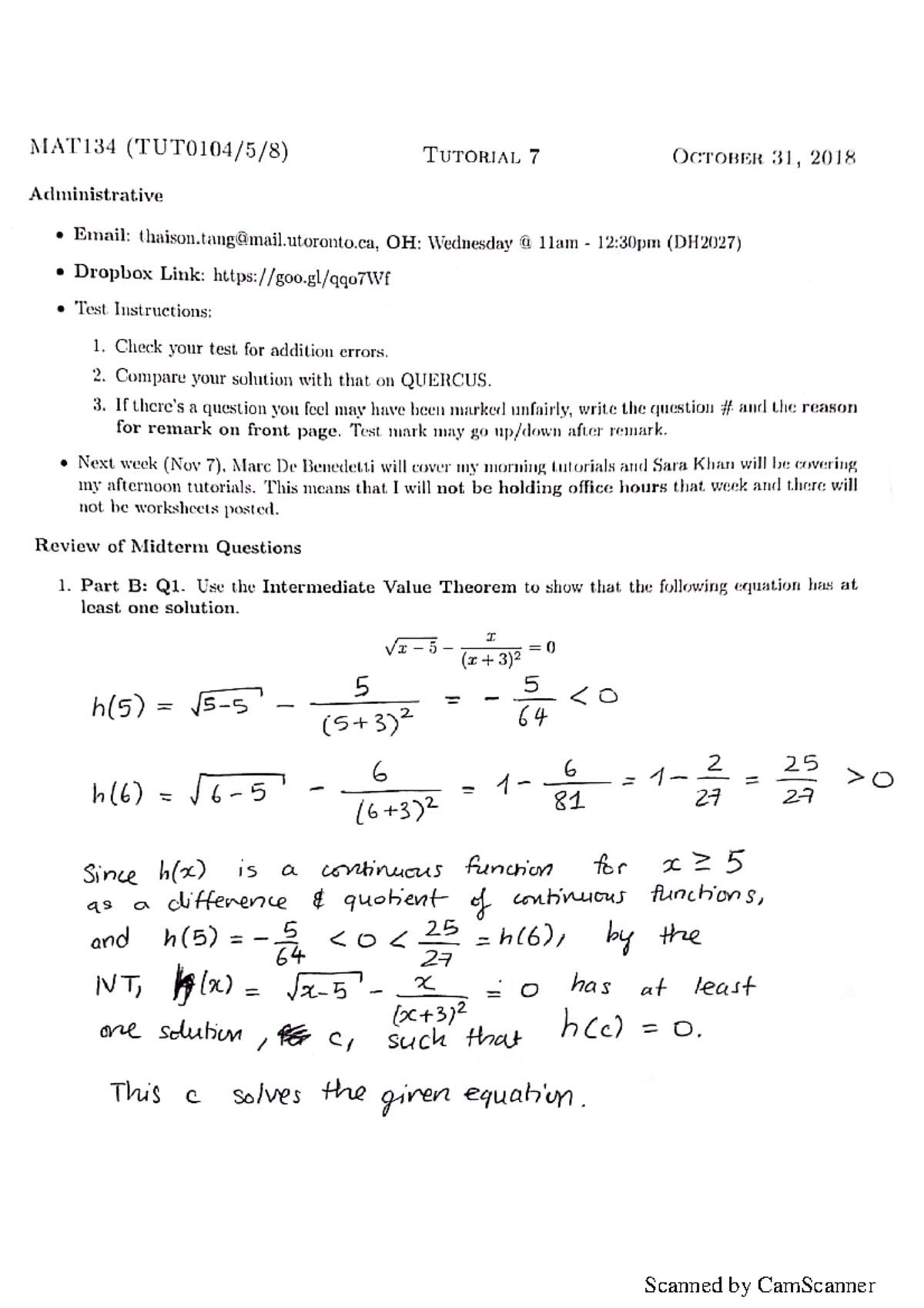 MAT134 - Tutorial 7 (Solutions) - MAT195H1 - Studocu