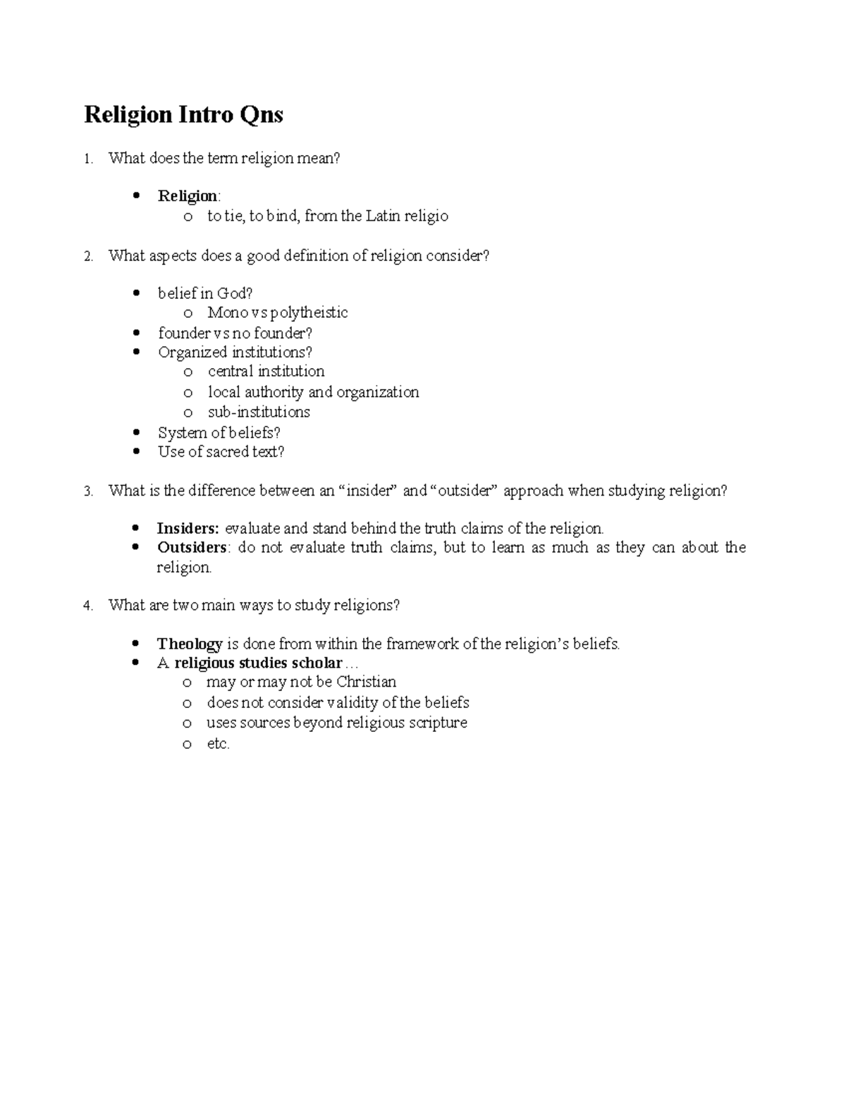 Intro to religion qns - Religion Intro Qns 1. What does the term ...