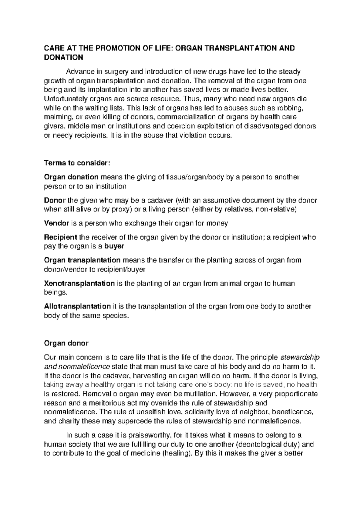 Week 16 - Care at the Promotion of Life - CARE AT THE PROMOTION OF LIFE ...