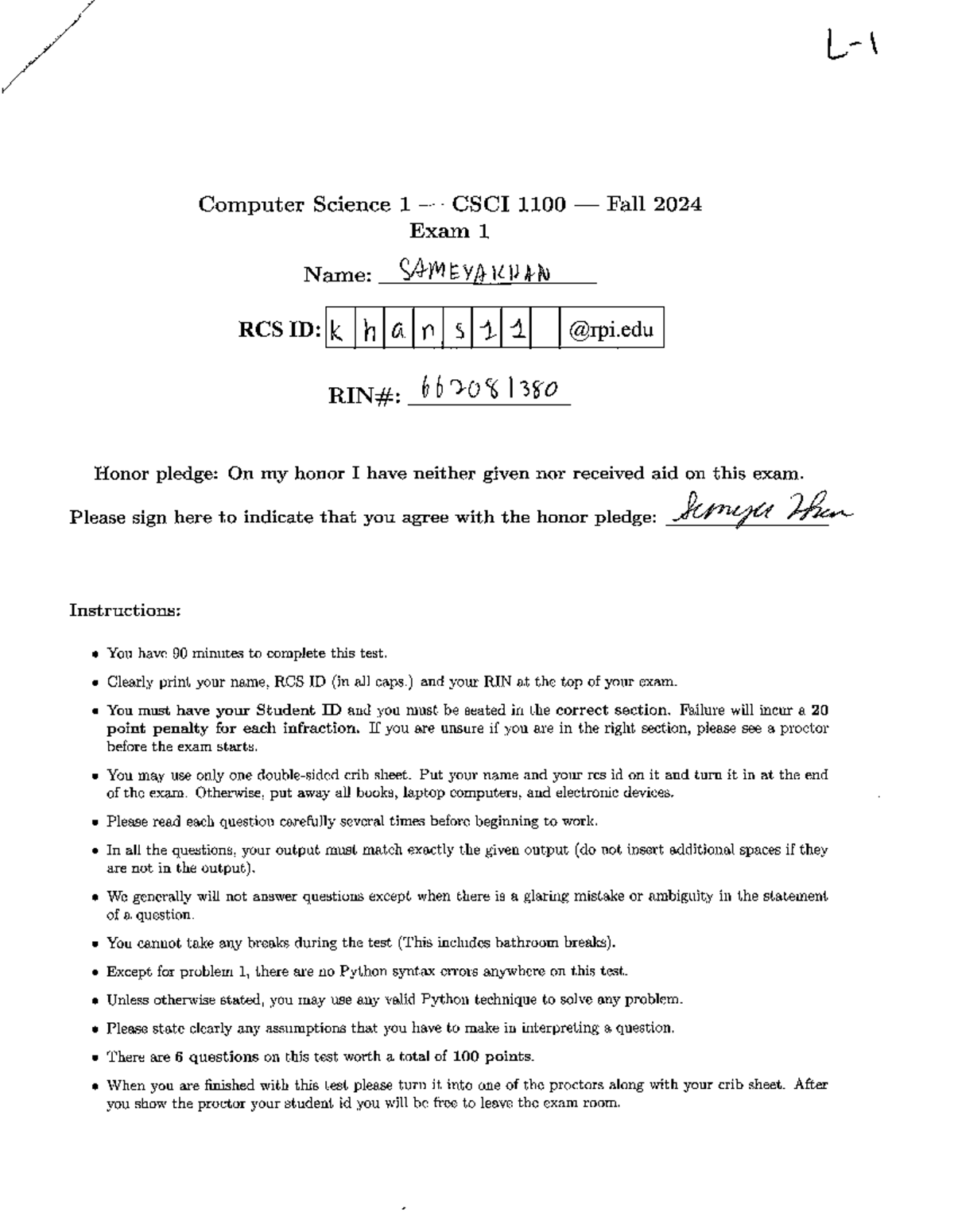 CSCI 1100 Exam 1 Fall 2024 - Computer Science 1 CSCI 1100 Fall 2024 ...
