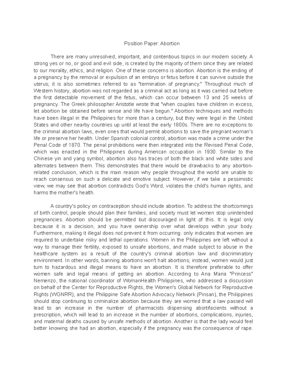 Abortion - Position paper - Position Paper: Abortion There are many ...
