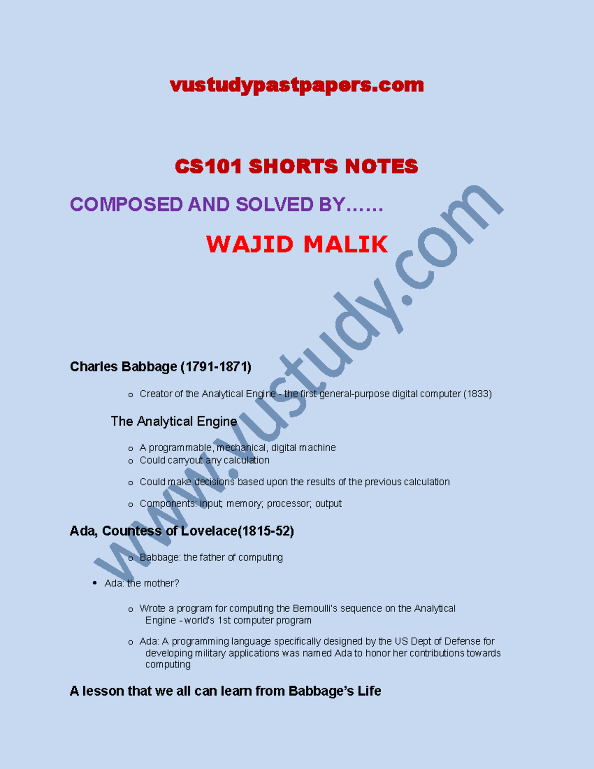 Midterm past papers cs101 - vustudypastpapers CS101 SHORTS NOTES ...