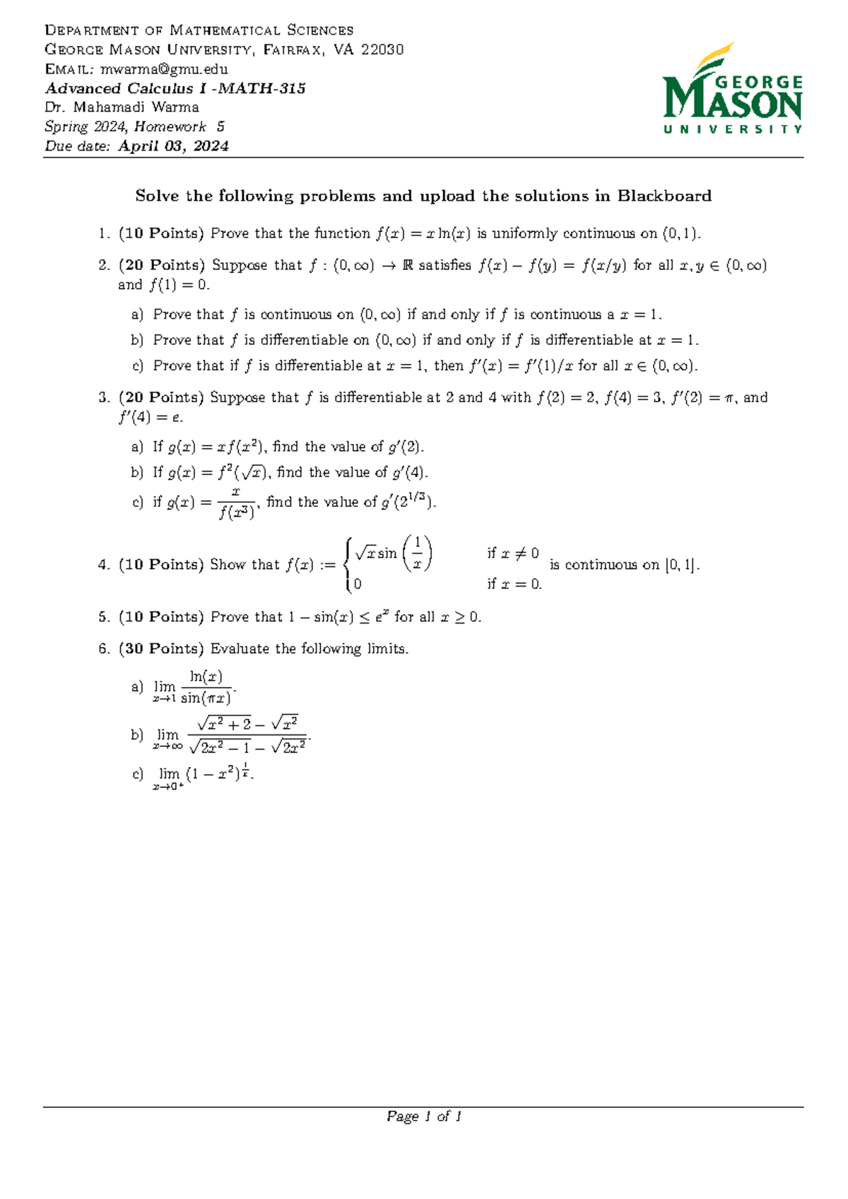 MATH315-New-Homework 5 - Department of Mathematical Sciences George ...