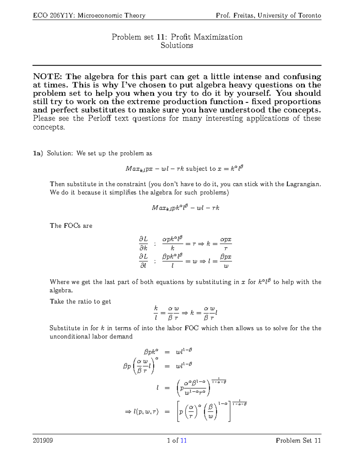 ECO206 Problem Set 11 Solutions Profit Maximization - Problem set 11: Profit Maximization ...
