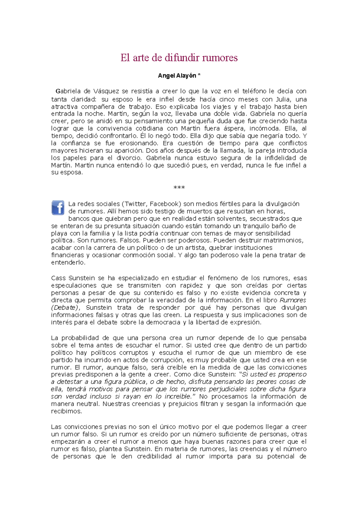 El arte de difundir rumores - El arte de difundir rumores Angel Alayón ...