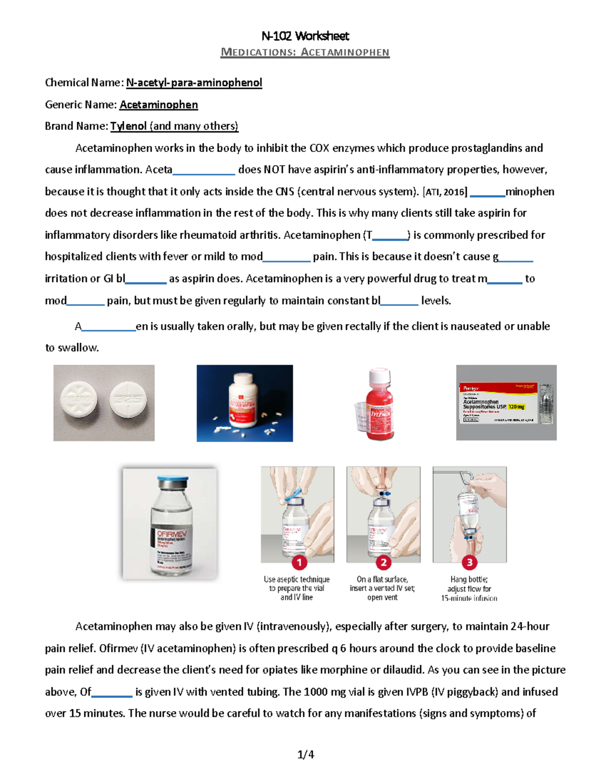 Acetaminophen Sept. 17, 2019 - N- 102 Worksheet M EDICATIONS : A ...