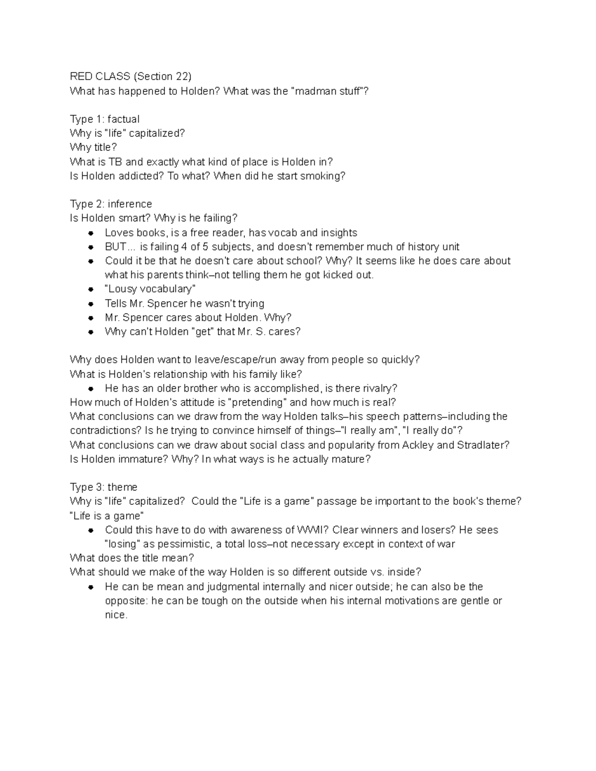 Class notes on Catcher in the Rye, Chapters 1-3 - Studocu