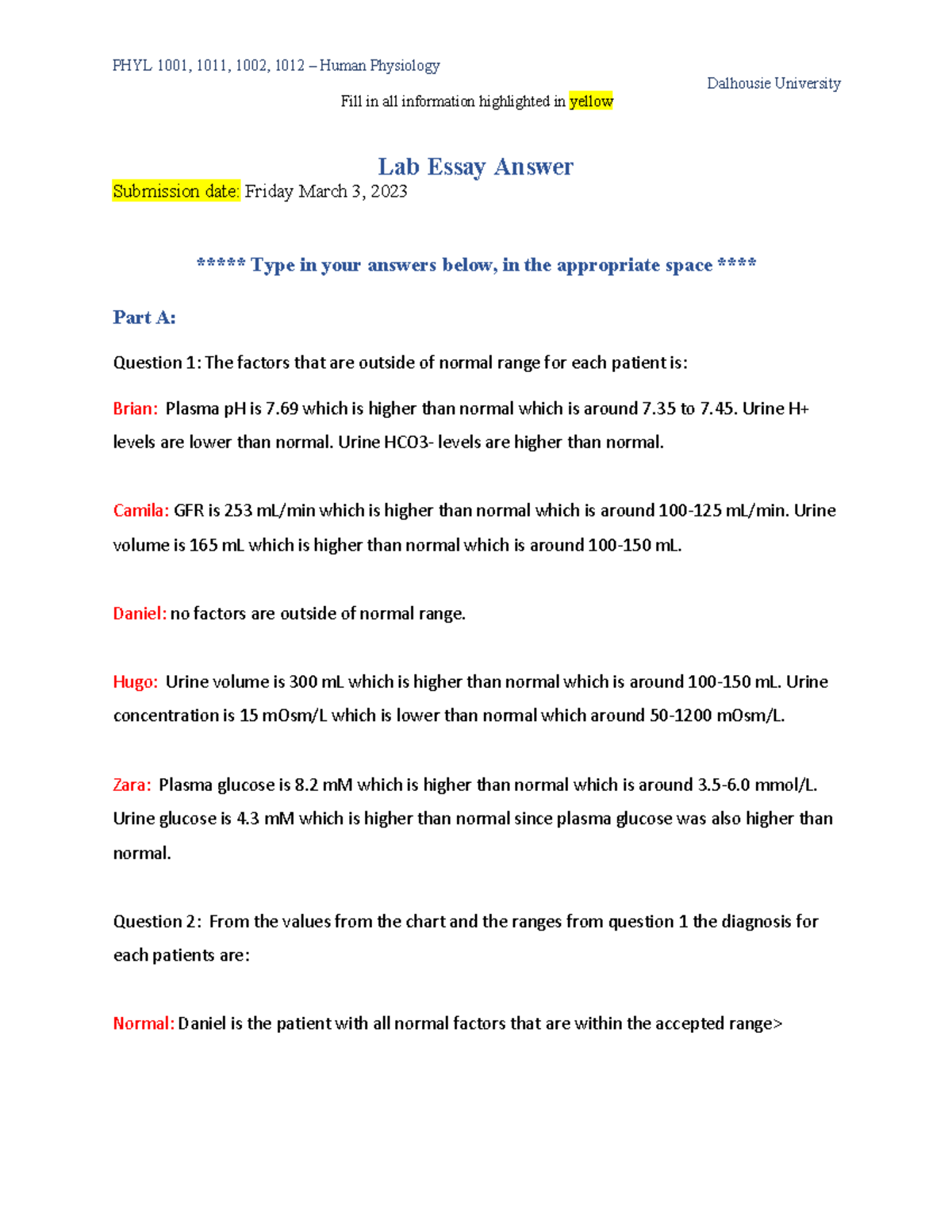 Lab Y4 essay answer - Dalhousie University Fill in all information ...