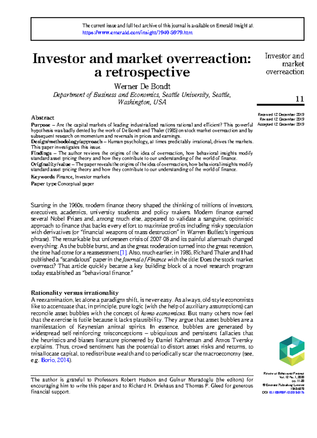 Debondt 2020, Research based study - Investor and market overreaction ...