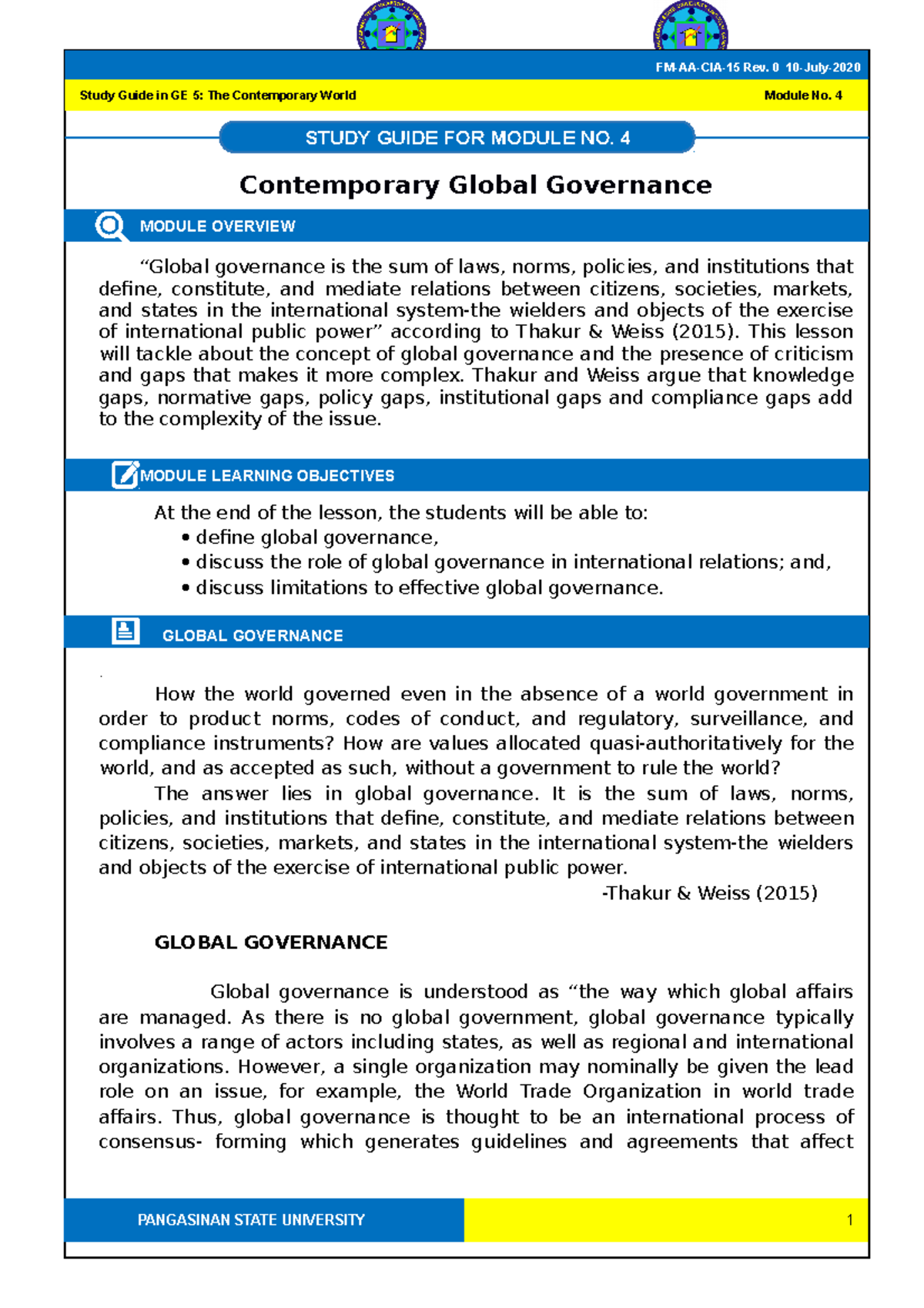 GE 5 SG 4 - Notes - Contemporary Global Governance MODULE OVERVIEW ...