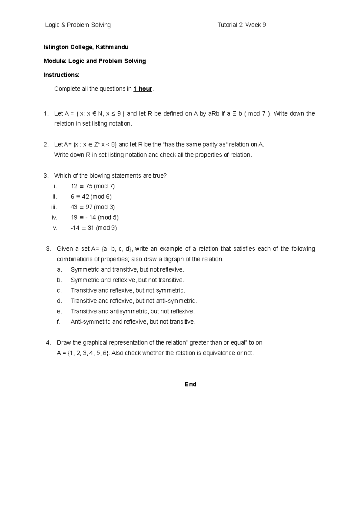 Tutorial 2 - Week 9 - Logic & Problem Solving Tutorial 2: Week 9 Islington College, Kathmandu ...