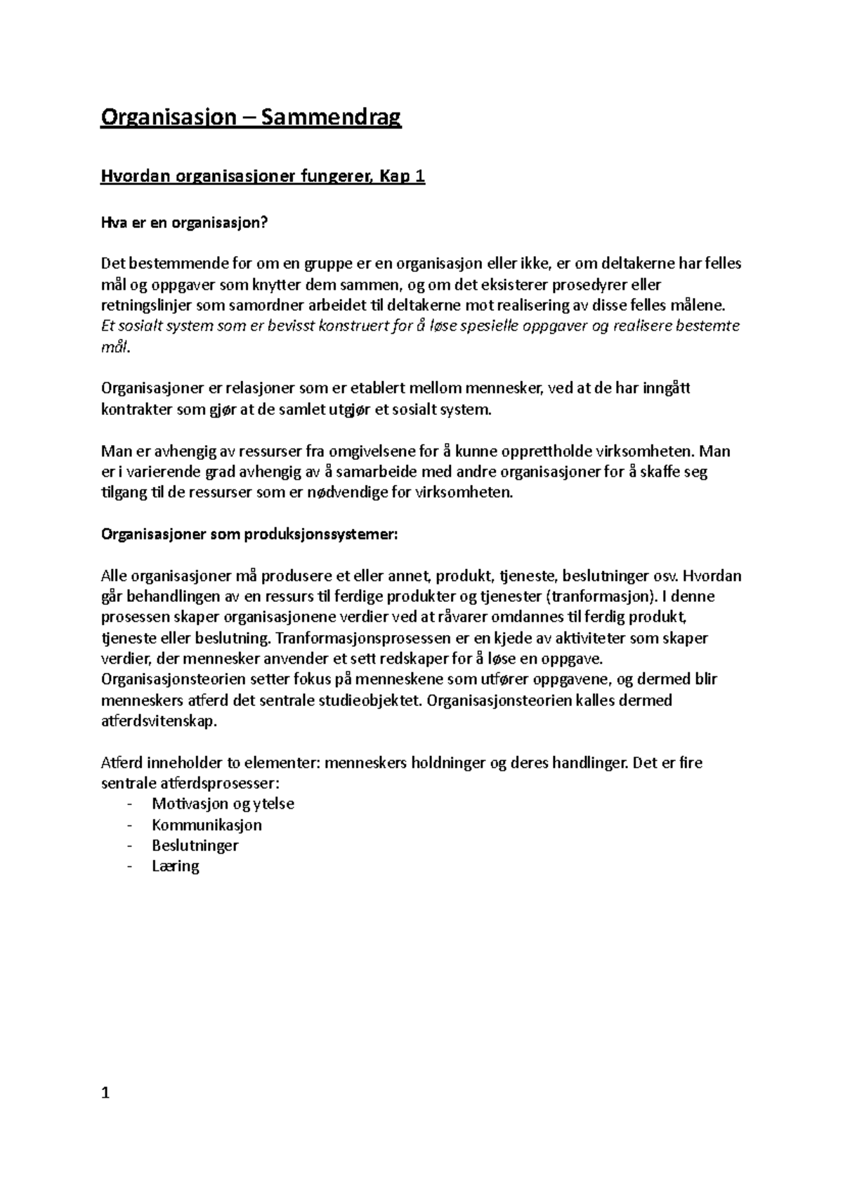 Organisasjon - Sammendrag av kapitler - Organisasjon – Sammendrag ...