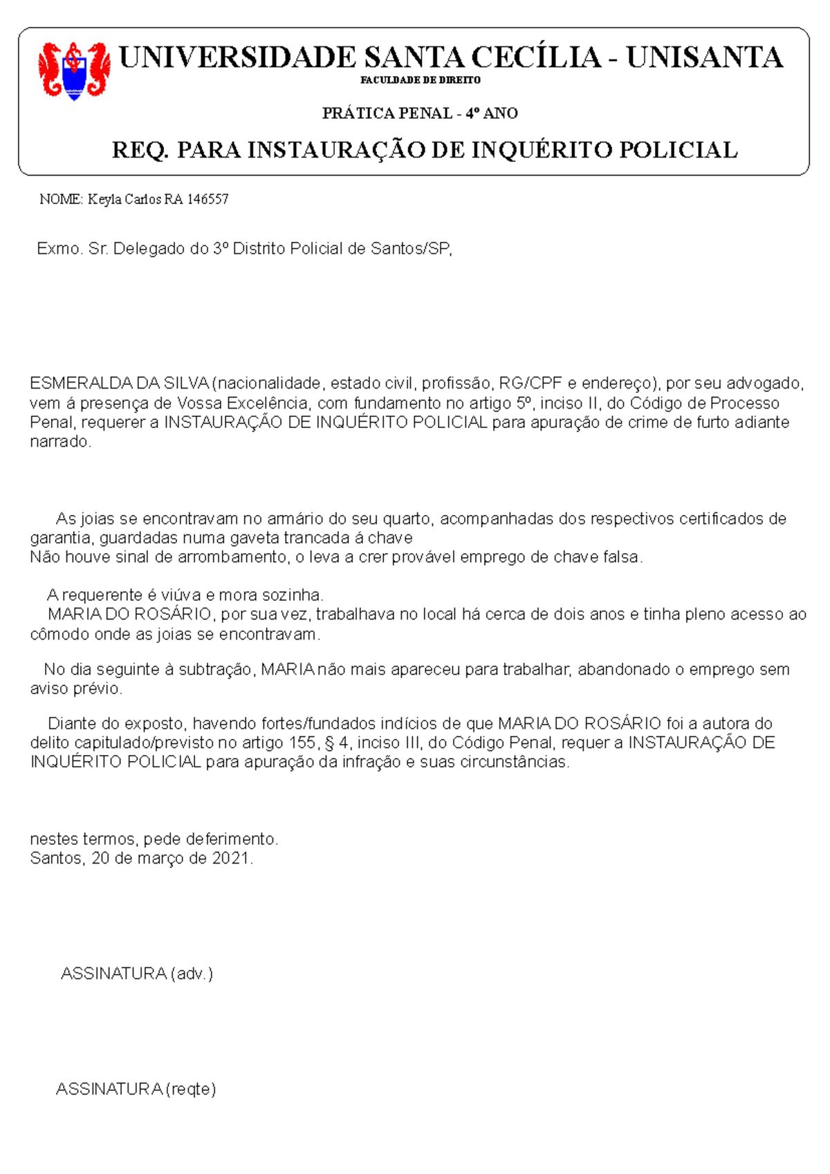 Instauração DE Inquerito Policial - UNIVERSIDADE SANTA CECÍLIA ...