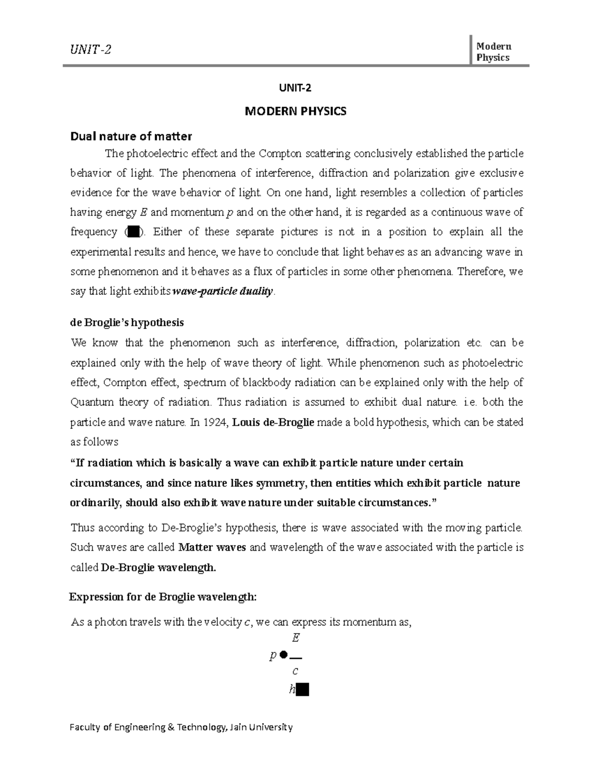 Module 2 Modern physics - UNIT- MODERN PHYSICS Dual nature of matter ...