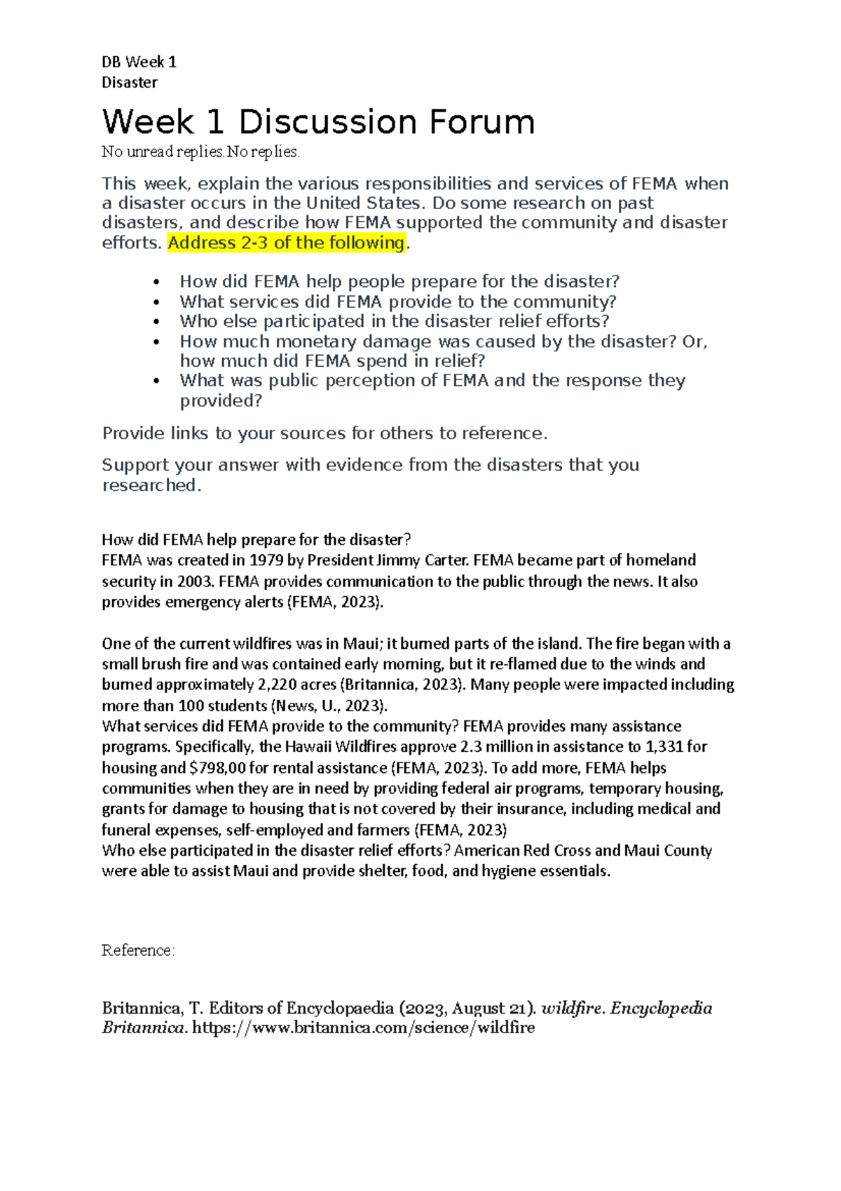 Week 1 Discussion Forum - DB Week 1 Disaster Week 1 Discussion Forum No ...