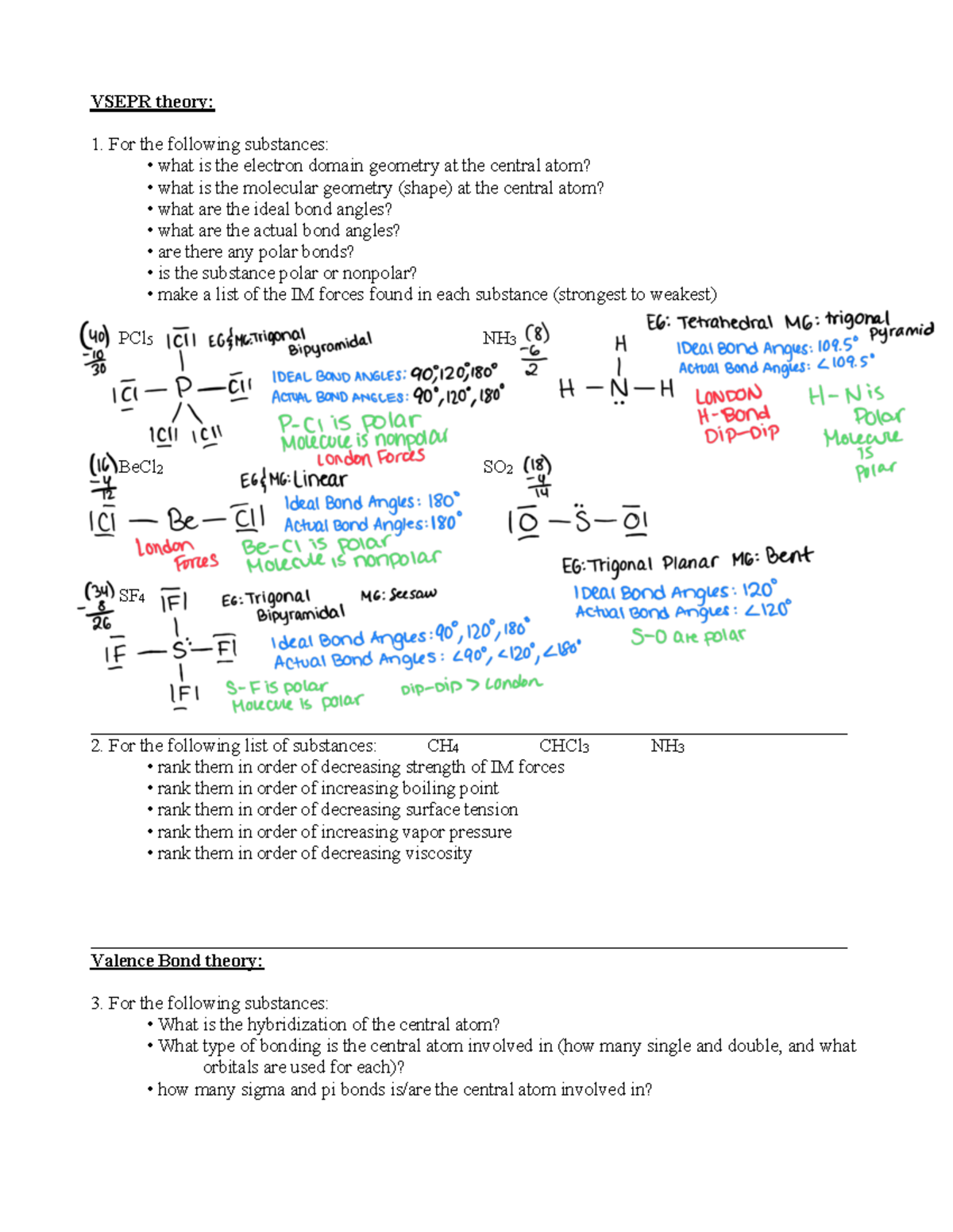 Exam3 prepping F22 - Consists of concepts in Gen Chem 1. - VSEPR theory ...