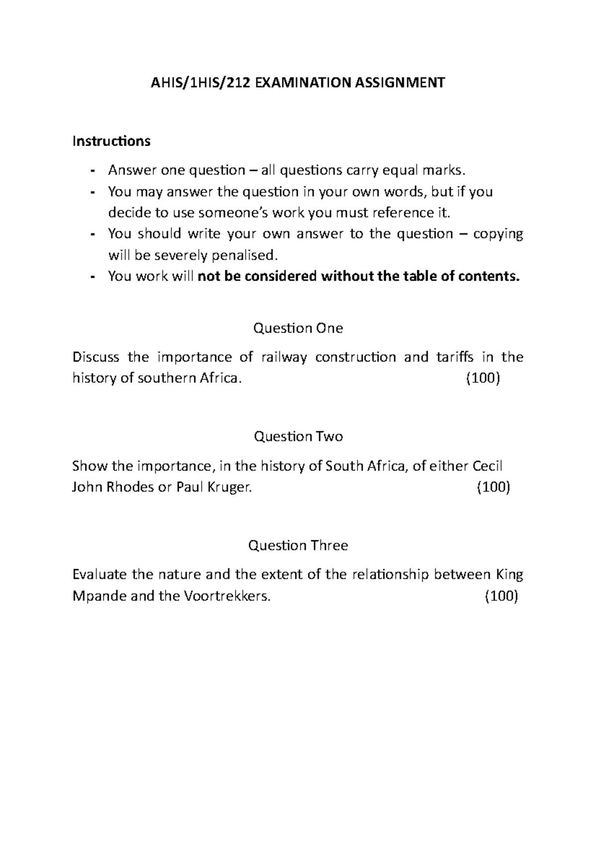 AHIS 212 Examination Assignment - AHIS/1HIS/212 EXAMINATION ASSIGNMENT ...