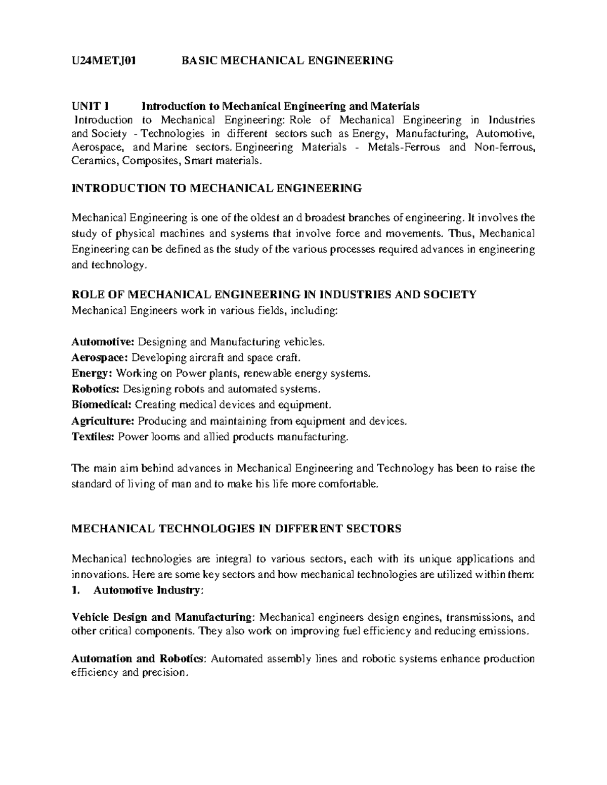 Unit 1 Introduction to Mechanical Engineering and Materials - U24METJ01 ...