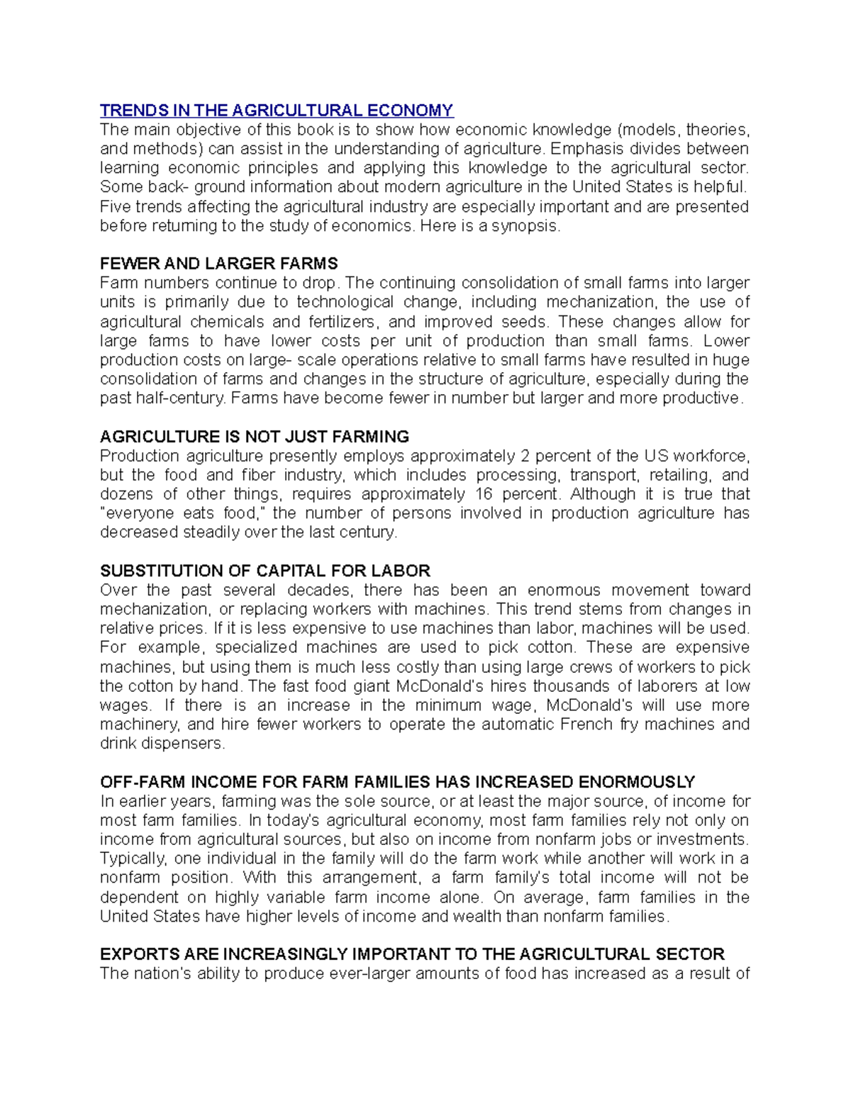 Trends In The Agricultural Economy - TRENDS IN THE AGRICULTURAL ECONOMY ...
