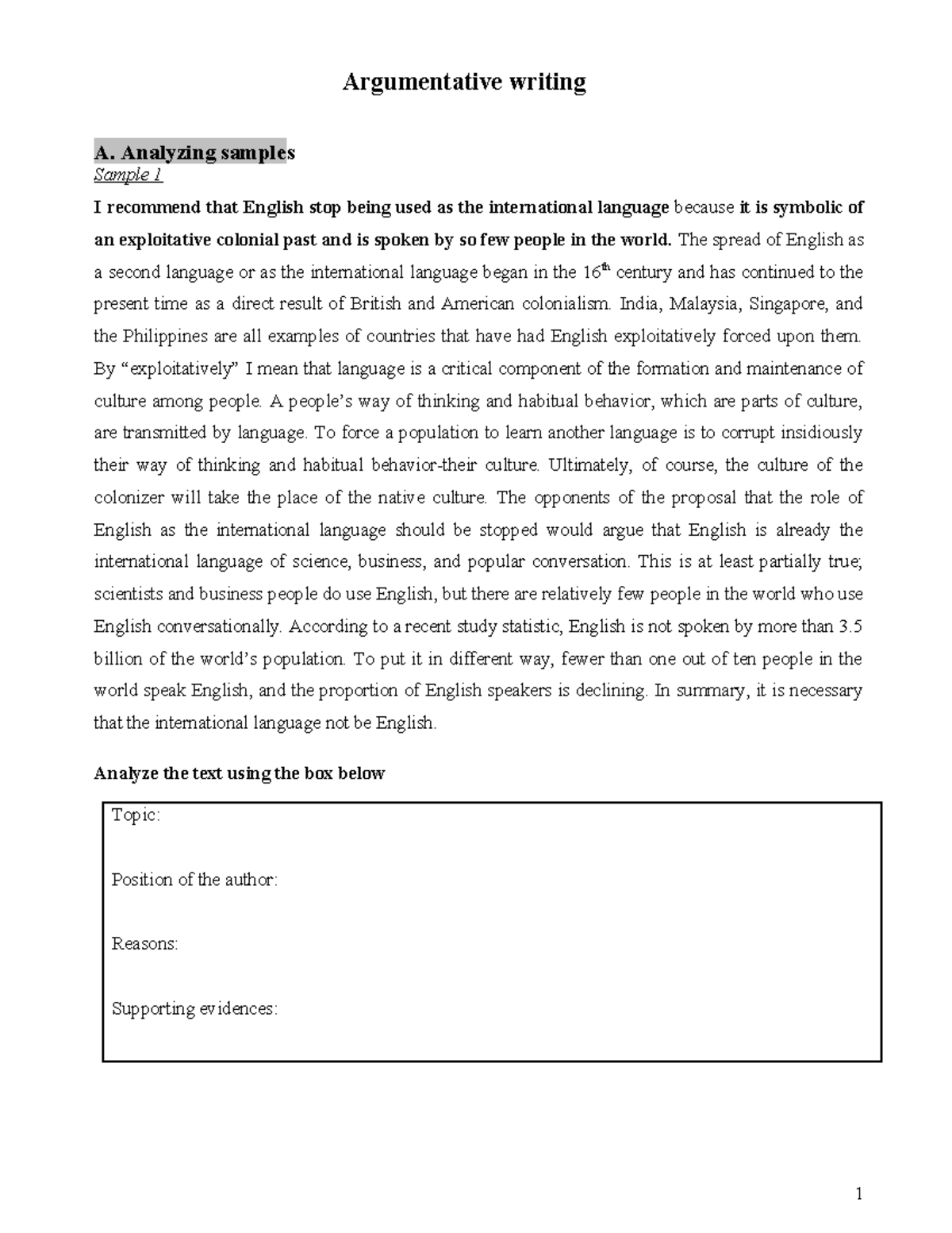 Argumentative writing - Analyzing samples Sample 1 I recommend that ...