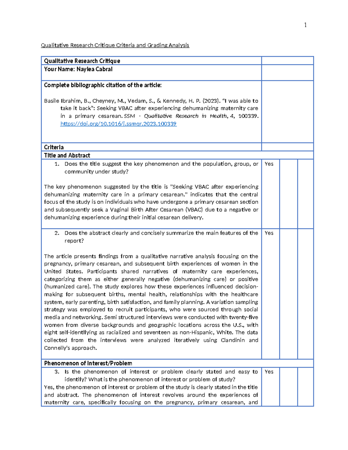 Qualitative Research Critique - , Cheyney, M., Vedam, S., & Kennedy, H ...