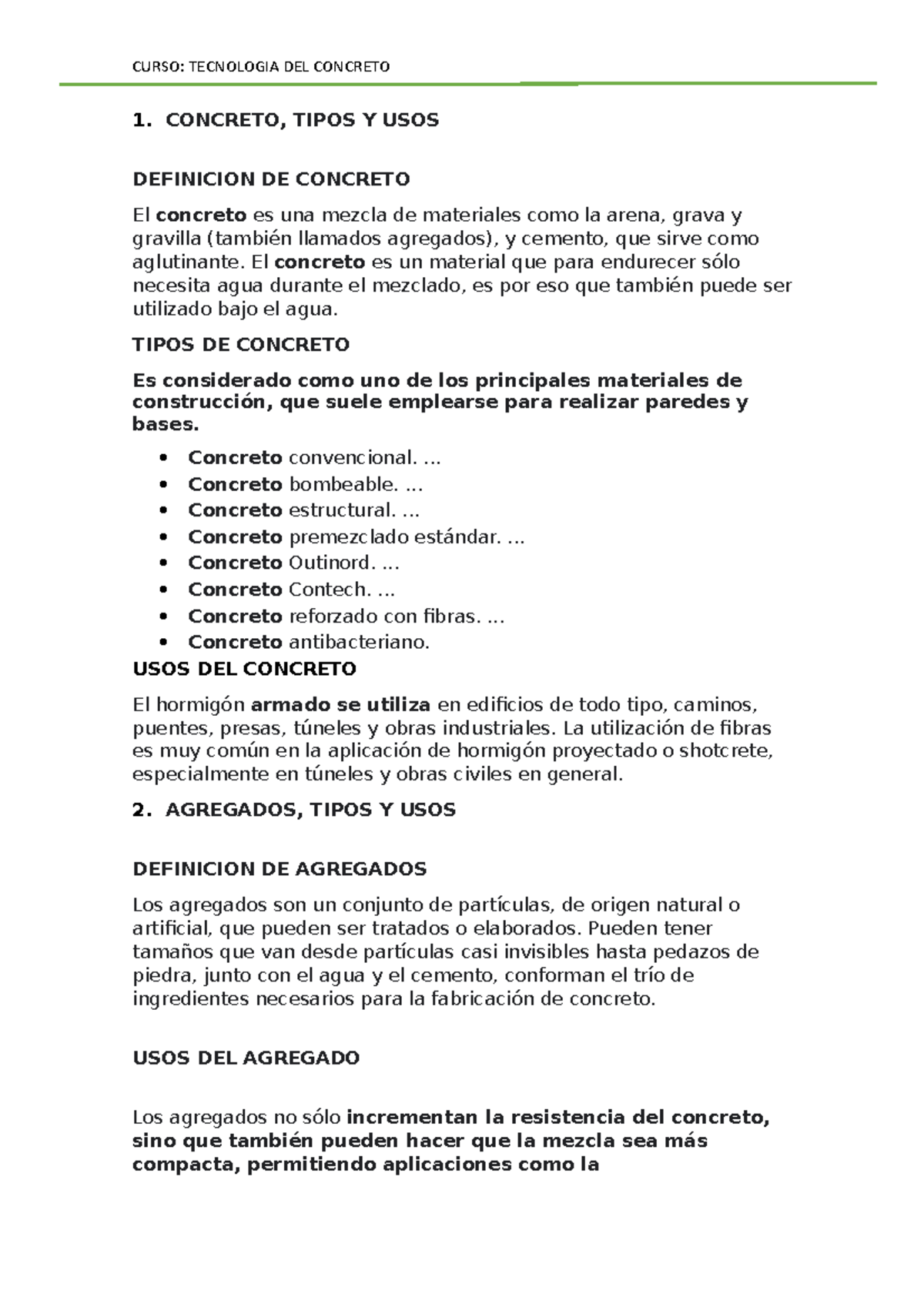 Tecnologia DEL Concreto - 1. CONCRETO, TIPOS Y USOS DEFINICION DE ...