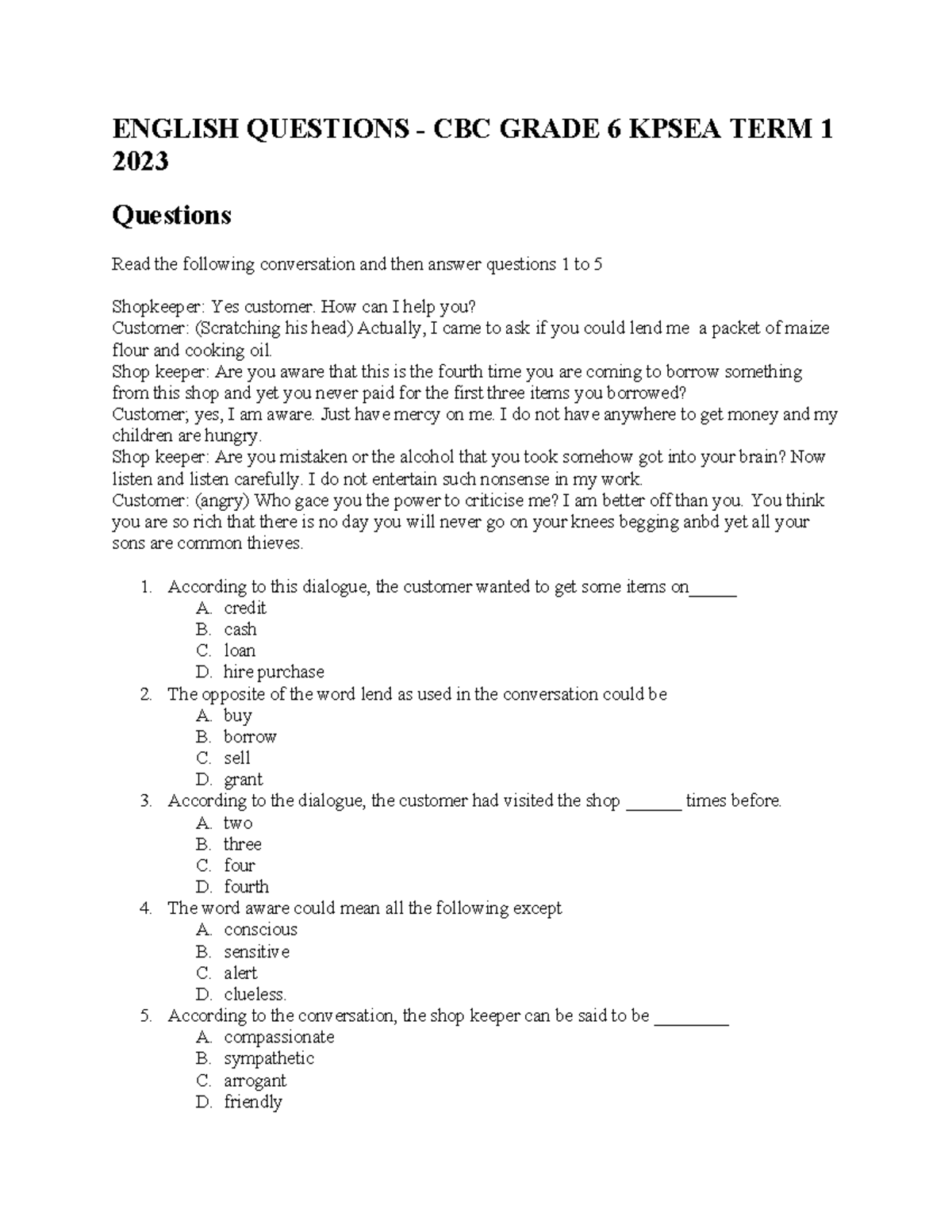 English- Questions-1 - Revisional - ENGLISH QUESTIONS - CBC GRADE 6 ...