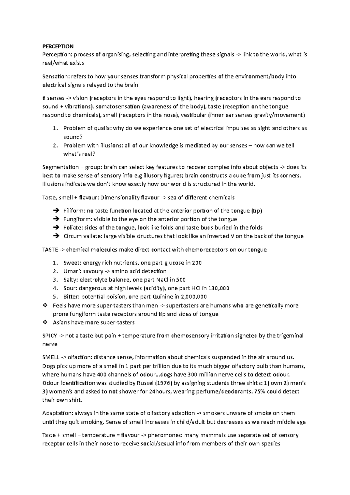 Perception- Summary- Sheet - PERCEPTION Perception: process of ...