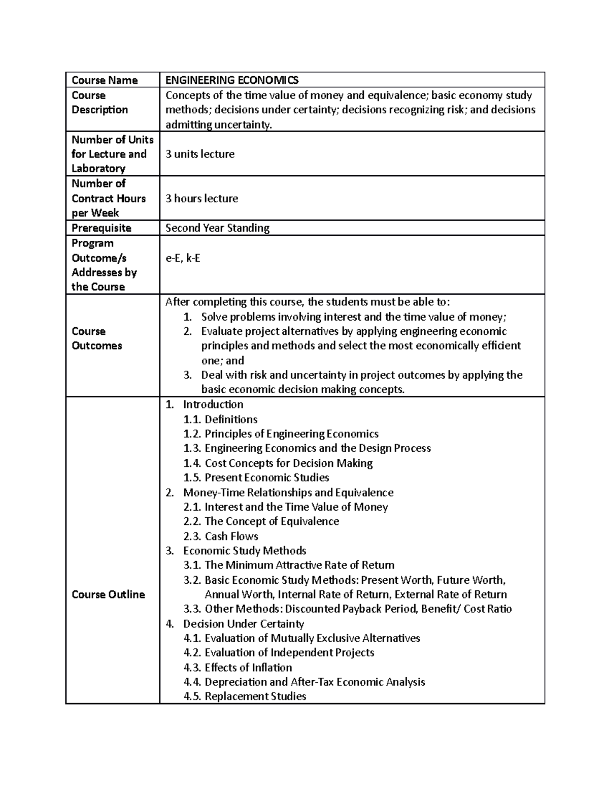 syllabus in Enrg - Course Name ENGINEERING ECONOMICS Course Description ...