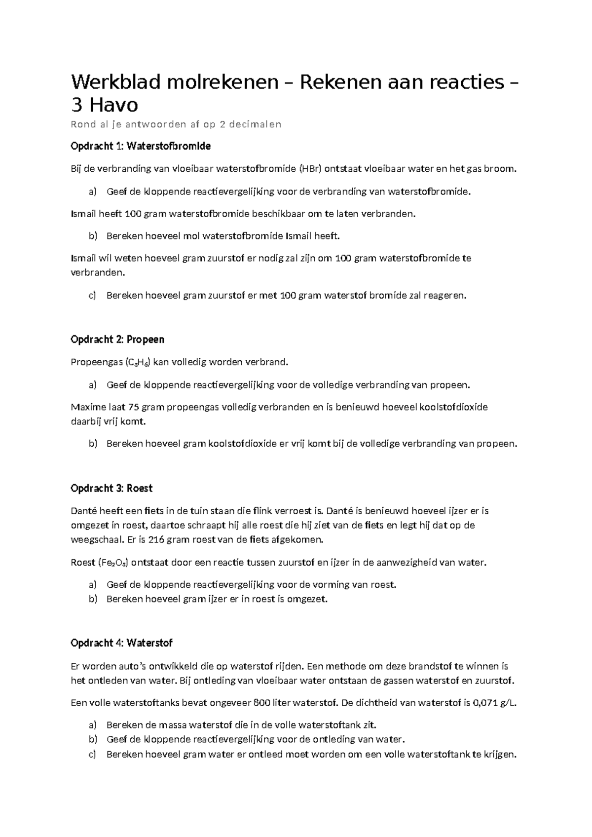 (3H) Molrekenen - Rekenen aan reacties - Werkblad molrekenen – Rekenen ...