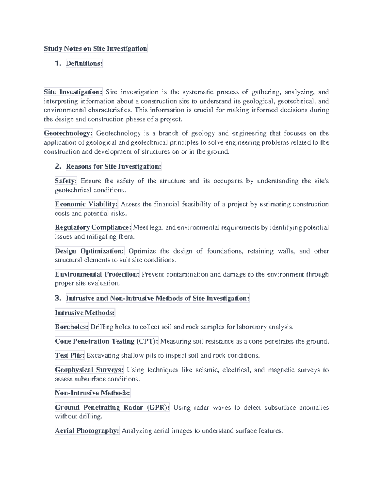 Study Notes on Site Investigation - Definitions: Site Investigation ...