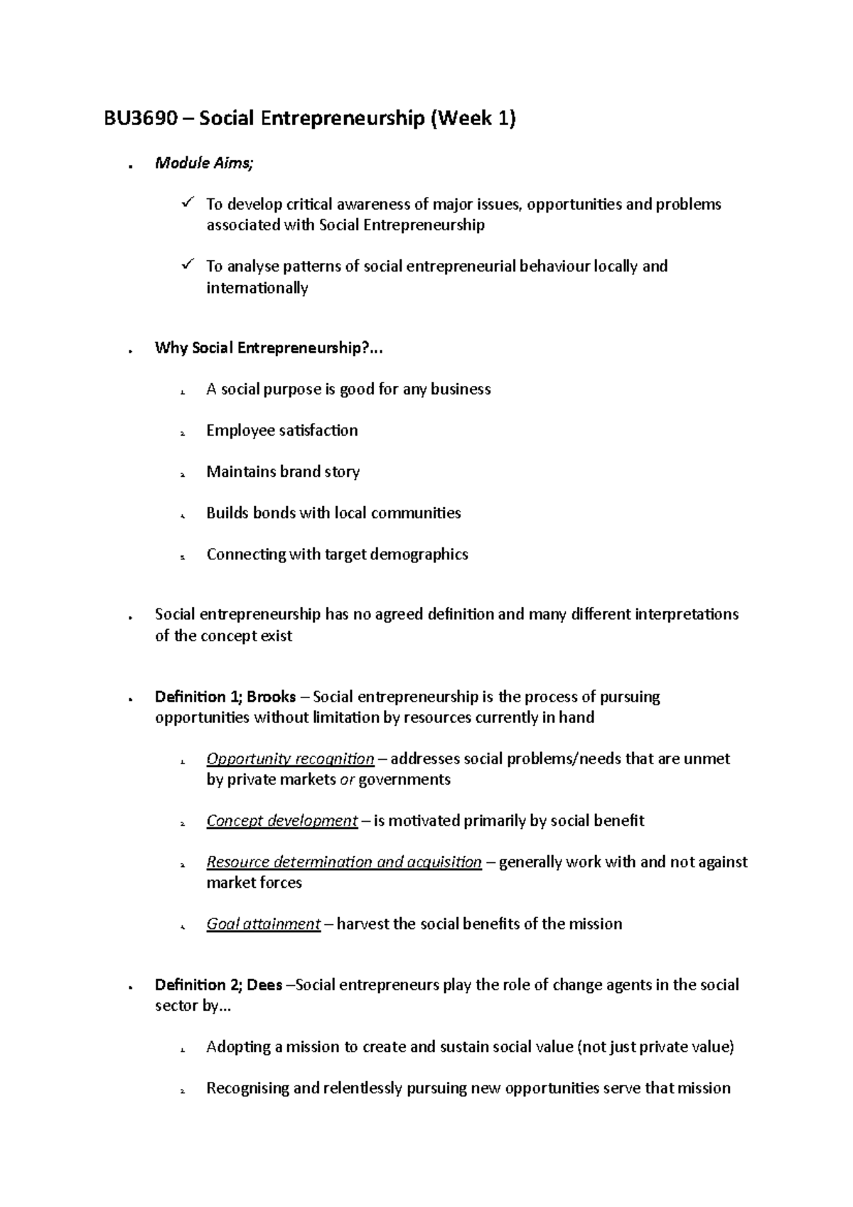 BU3690 – Social Entrepreneurship (Week 1) - BU3690 – Social ...
