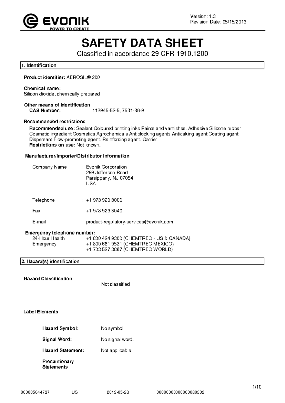 SGA- Aerosil 200 - Tarea - Revision Date: 05/15/ 1 / 10 SAFETY DATA ...
