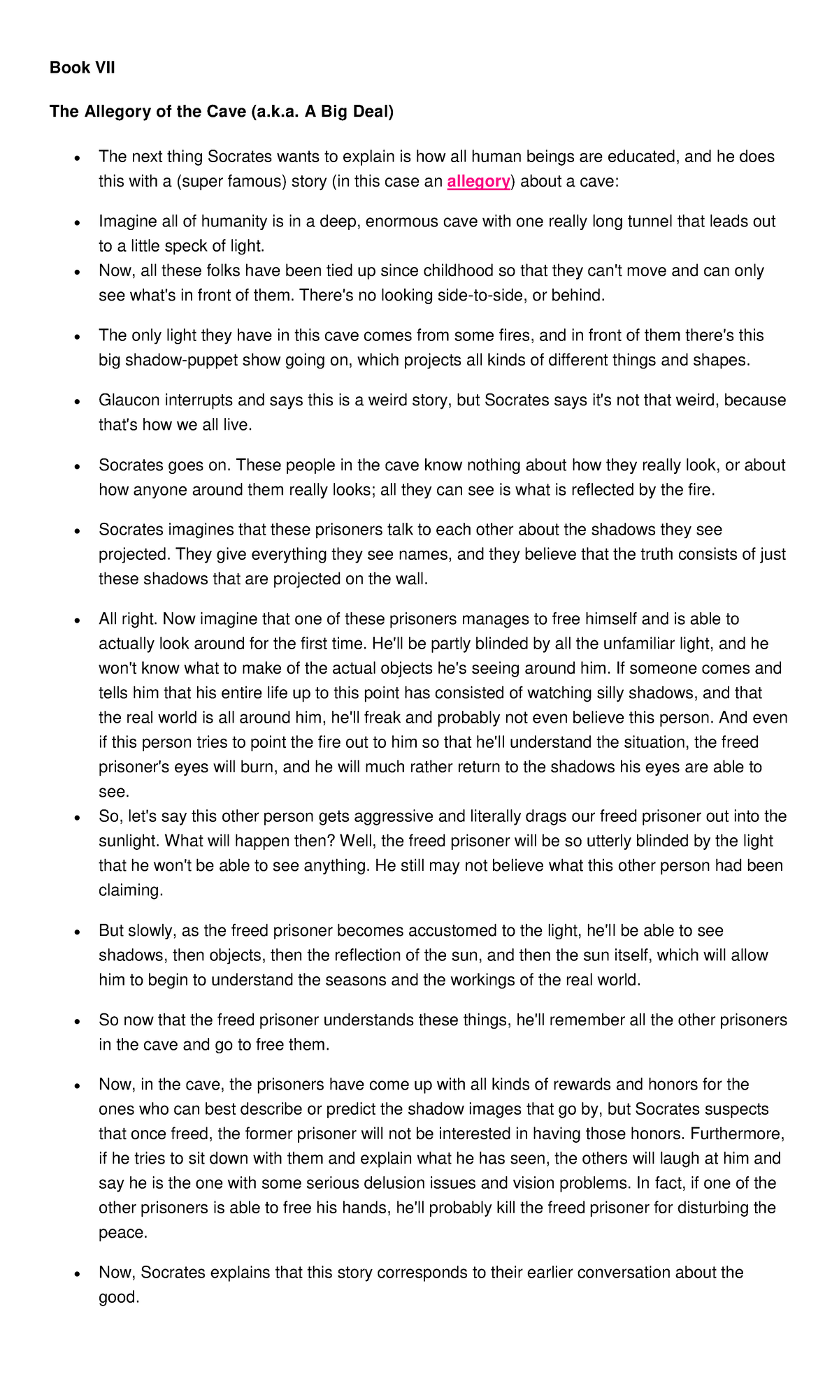 Book VII - The Republic - Book VII The Allegory of the Cave (a. A Big ...