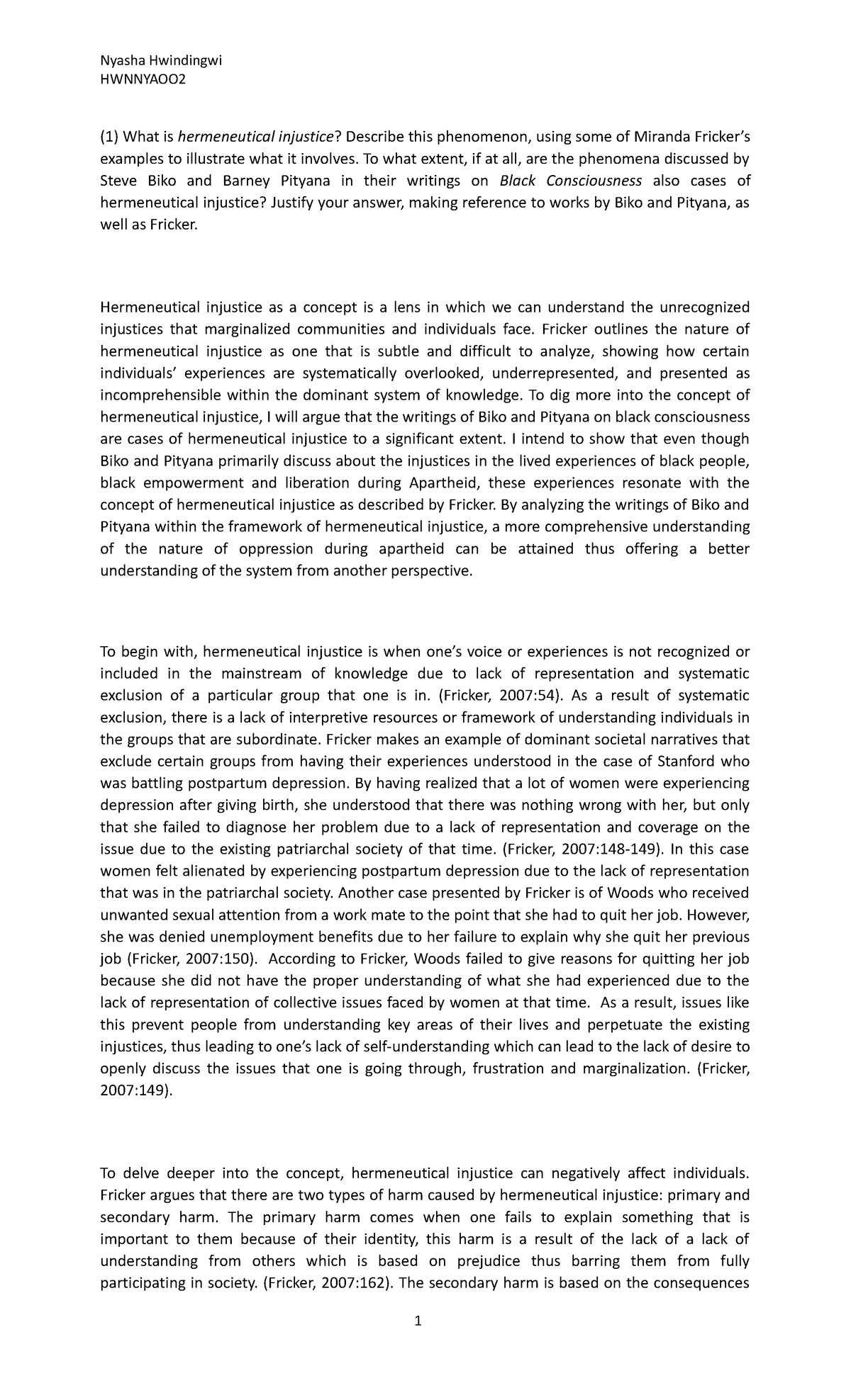 Philosophy course essay - HWNNYAOO (1) What is hermeneutical injustice ...