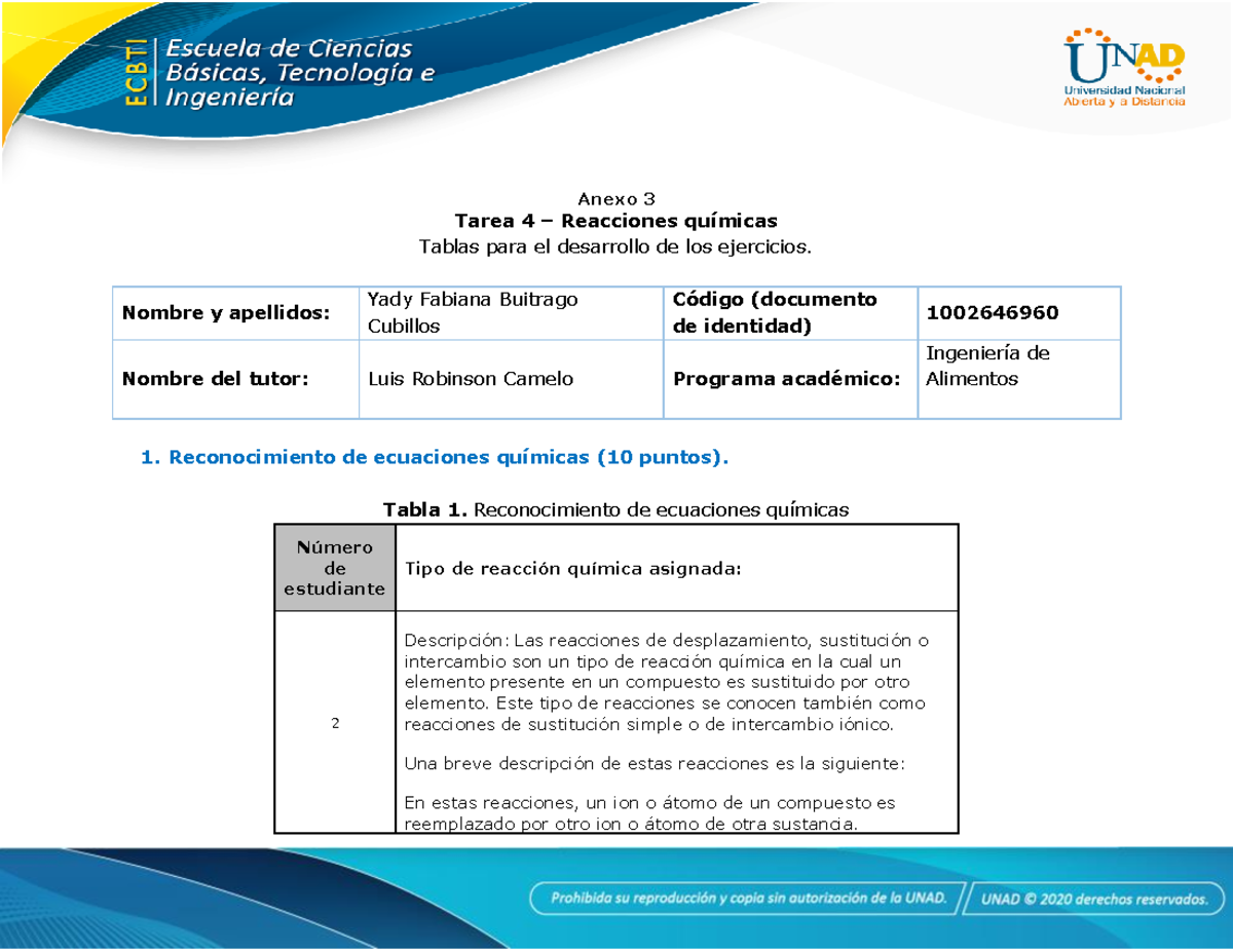 Anexo 3 ( Reacciones Quimicas) - Anexo 3 Tarea 4 – Reacciones químicas Tablas para el desarrollo ...